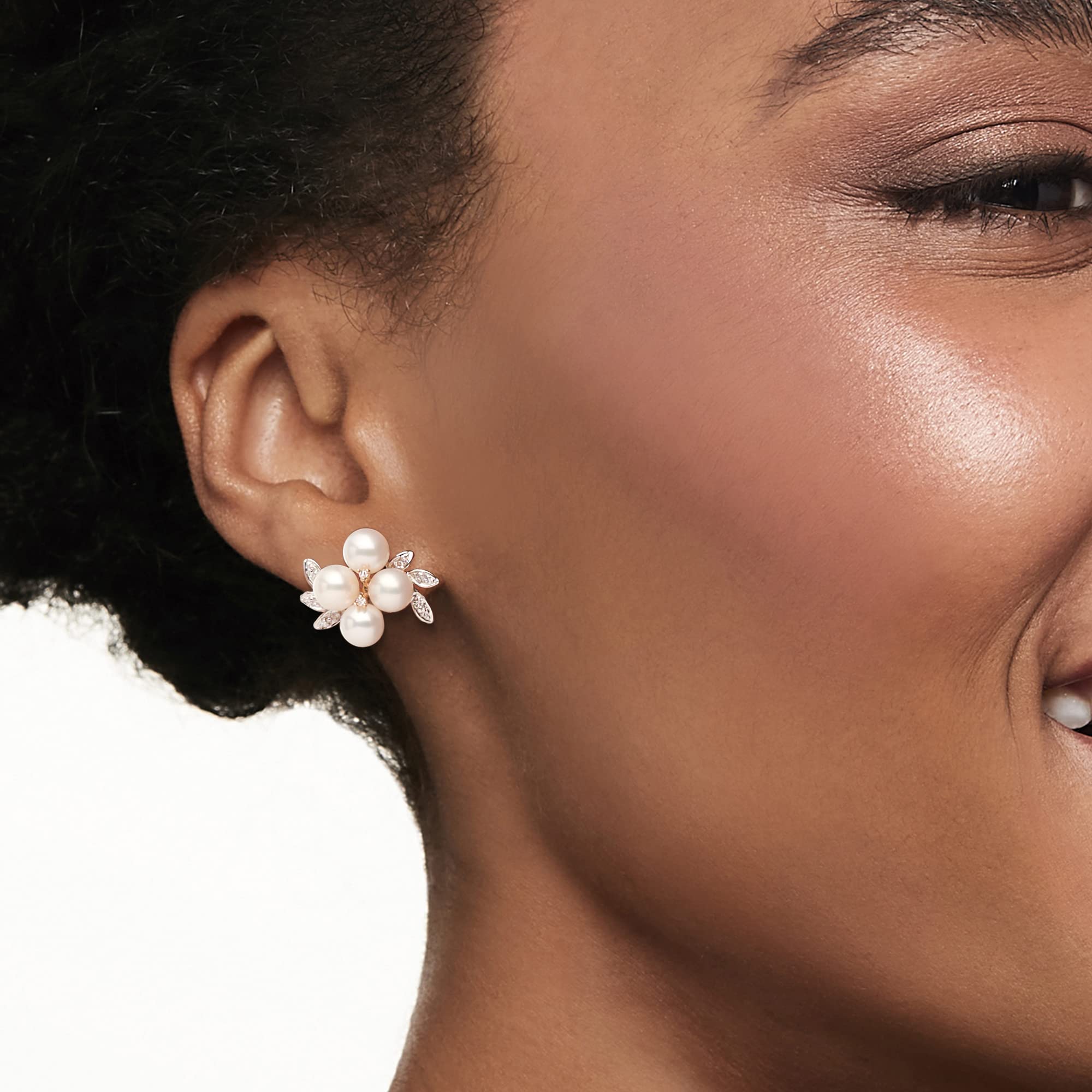 Ross-Simons 5.5-6mm Cultured Pearl Cluster Earrings With Diamond Accents in 14kt Yellow Gold