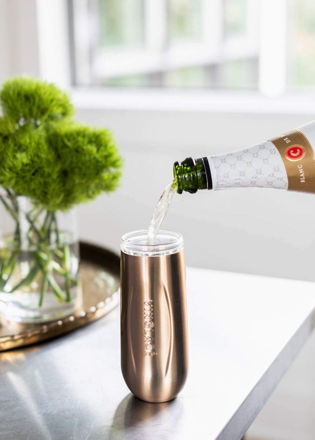 Vinglacé Stainless Steel Stemless Champagne Flute- Insulated Sparkling Wine Tumbler with Glass Insert, 6 oz, Copper