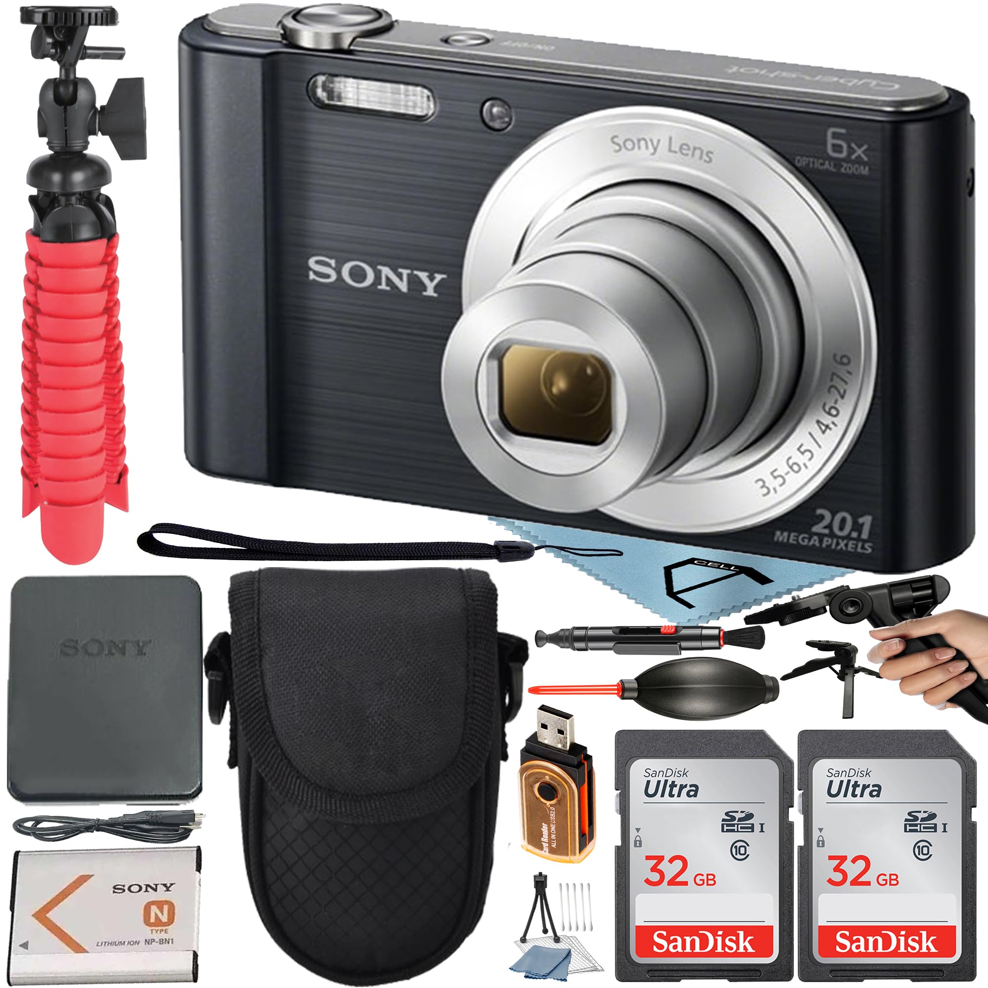 Sony Cyber-Shot DSC-W810 Digital Camera 20.1 MP CCD Sensor with Optical 6X Zoom Lens + 2 Pack SanDisk 32GB Memory Card + Case + Pistol Grip + Tripod + ZeeTech Accessory Bundle (Black) (Renewed)