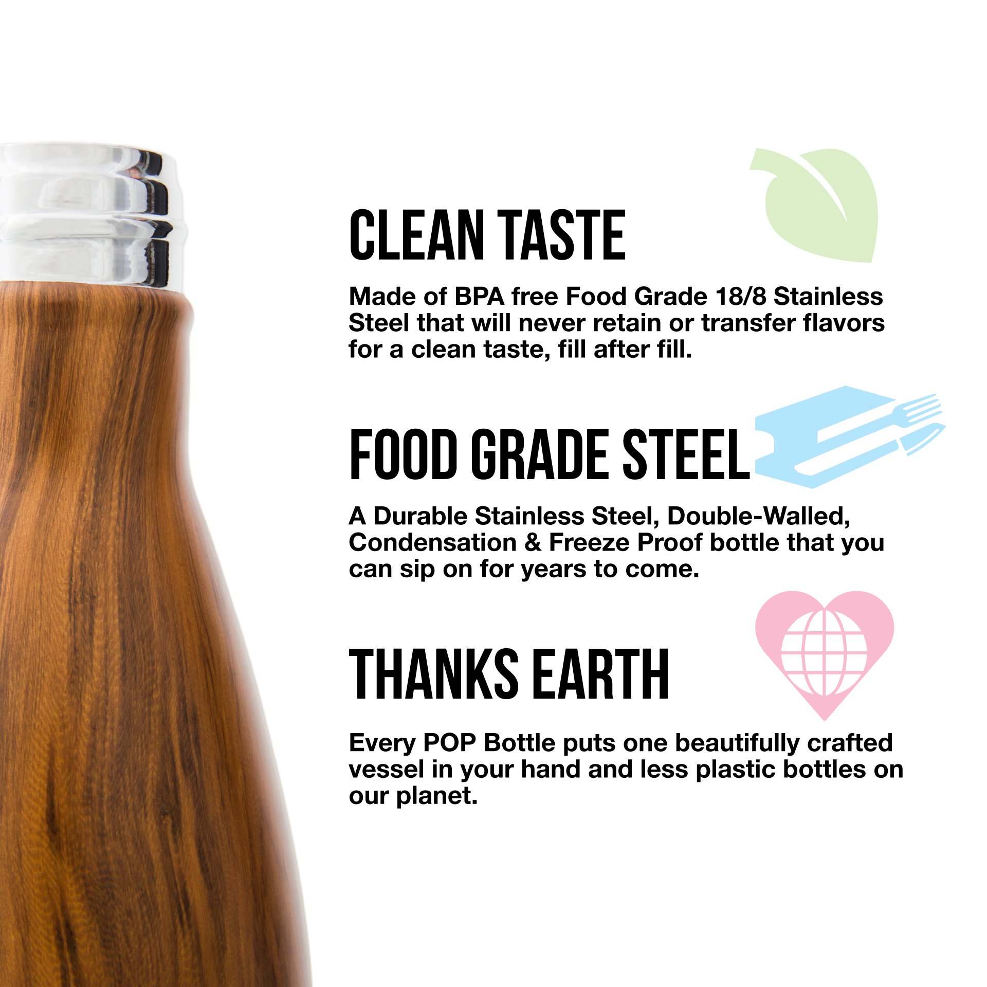 POP Design Stainless Steel Vacuum Insulated Water Bottle, Keeps Cold 24hrs or Hot for 12hrs, Sweat & Leak-Proof, BPA Free, 17 Ounce, Onyx