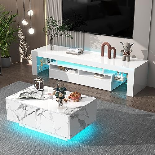St.Mandyu LED Coffee Table with Storage Drawers,Modern High Glossy Center Table with 20 Colors LED Lights for Living Room (White Marble)