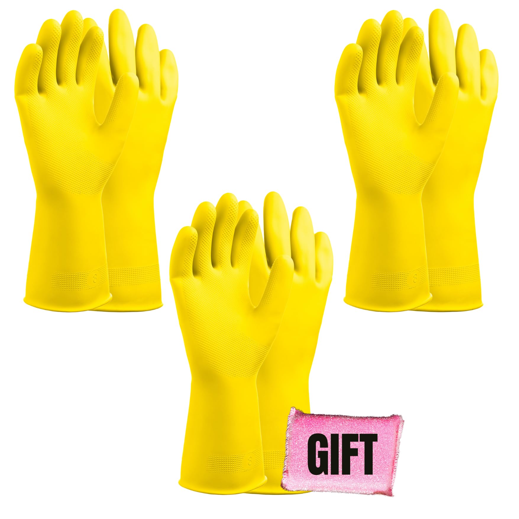 Rubberplus 3-Pairs Reusable Household Yellow Gloves Rubber Dishwashing gloves Extra Thickness Long Sleeves Kitchen Cleaning (Caliber 35, X-Large)