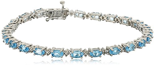 Sterling Silver Genuine Swiss Blue Topaz Oval Cut 5x3mm and Diamond Accent Tennis Bracelet, 7.25"