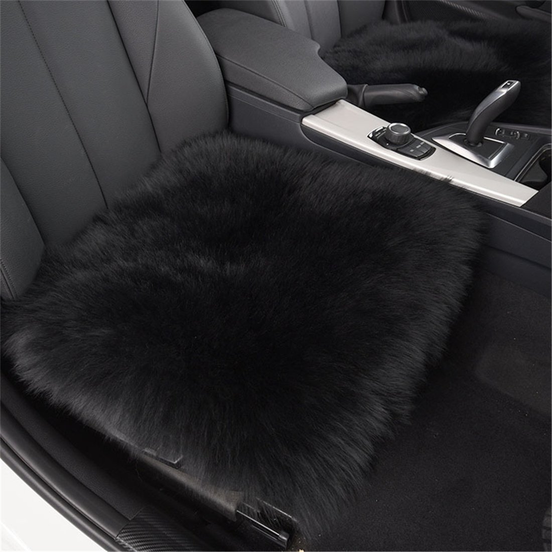 USIX 18" Luxurious Squared Sheepskin Leather with Long Plush Wool Fur Chair Car Seat Cover Cushion with Straps Pad Mat Rug for Car Front Seats, Hard Wood Chairs, Office Chairs (Black)