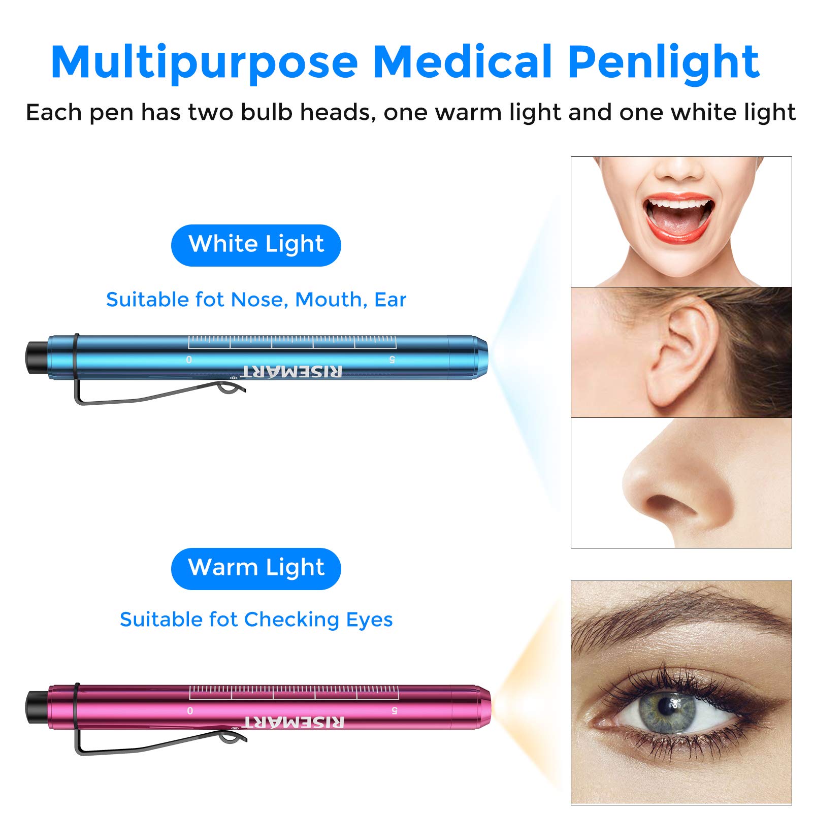 RISEMART Pen Light, Nurse Led Medical Penlight with Pupil Gauge for Nursing Students Doctors Red and Blue with Batteries