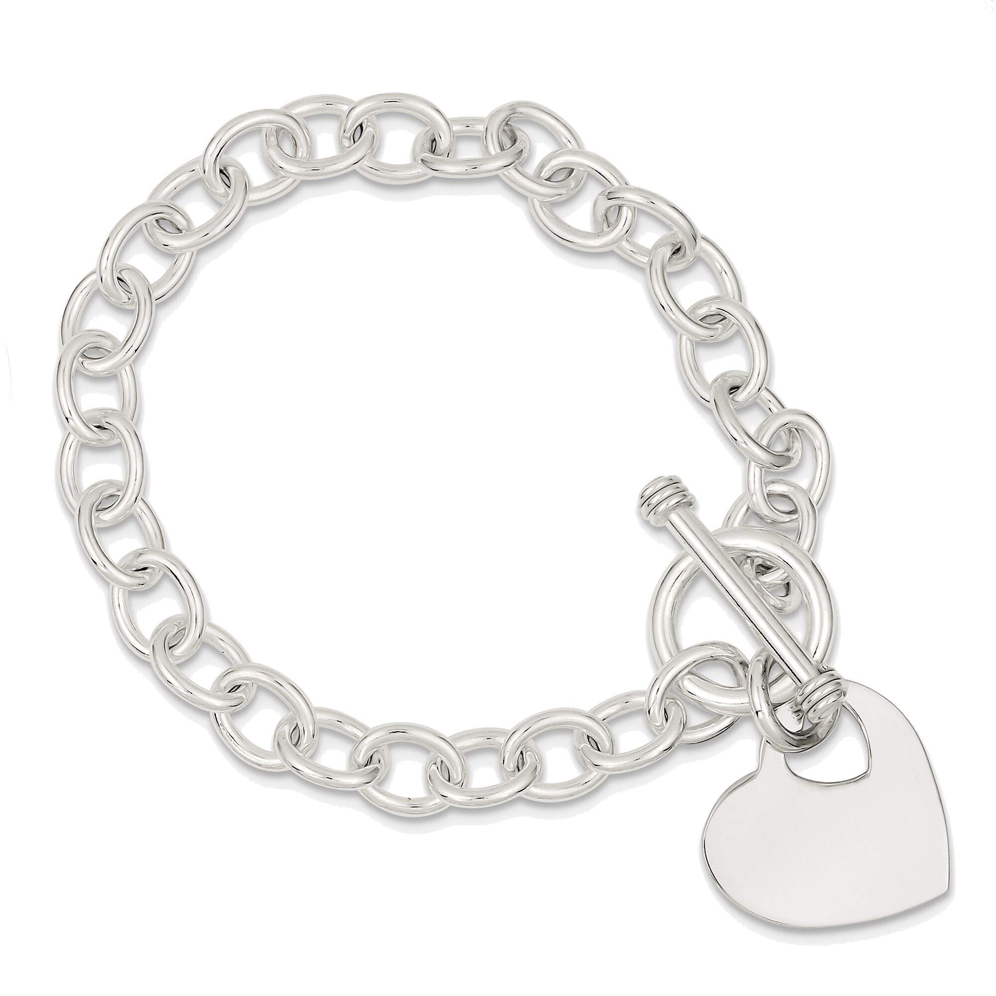 Solid Sterling Silver Engraveable Heart Disc on Fancy Link Toggle Bracelet