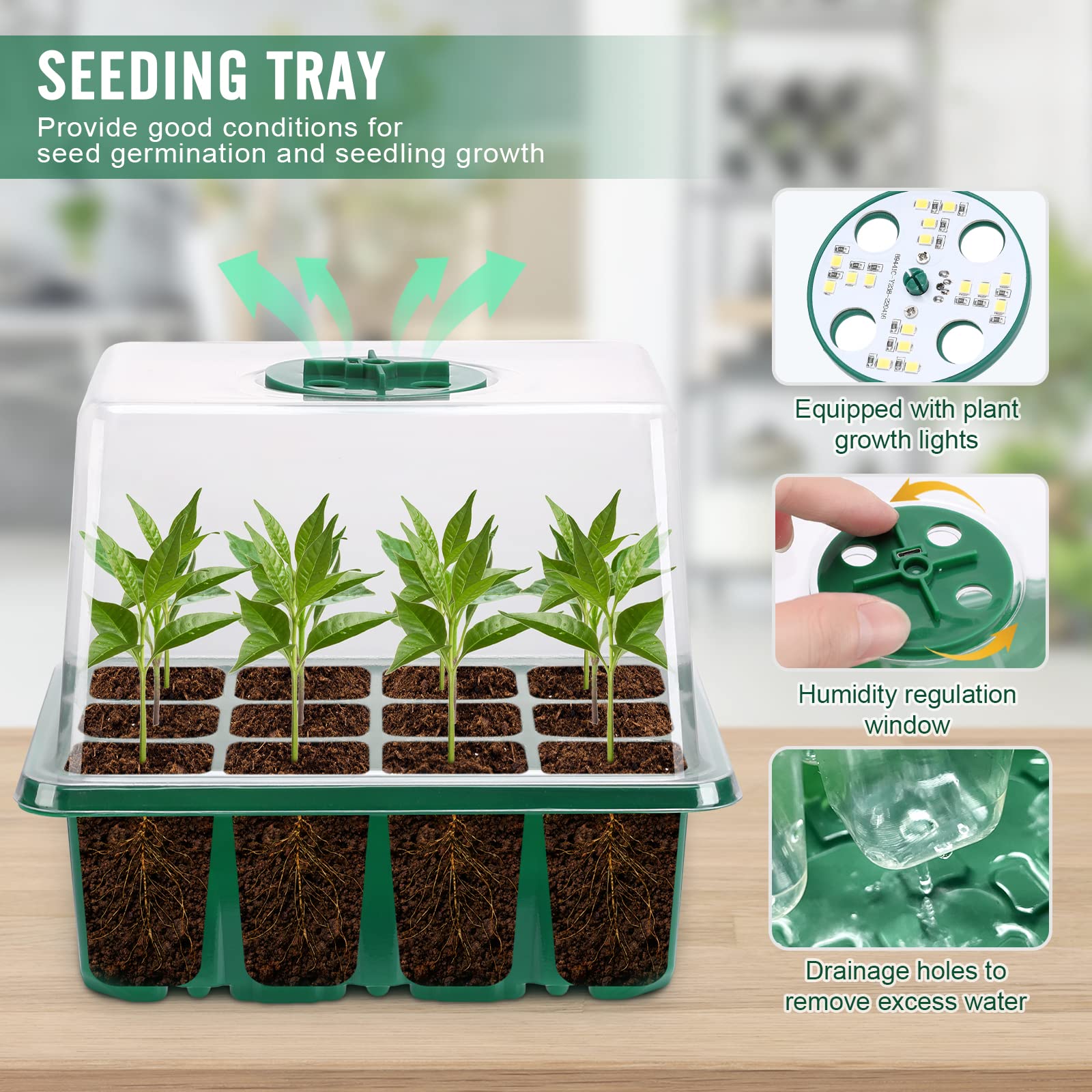 Seed Starter Tray with Grow Light丨5 Pcs Seed Starter Kit (12 Cells Per Tray) with 78in Timing Controller Adjustable Brightness and Humidity丨Indoor Gardening Plant Trays for Flowers, Vegetables, Fruits