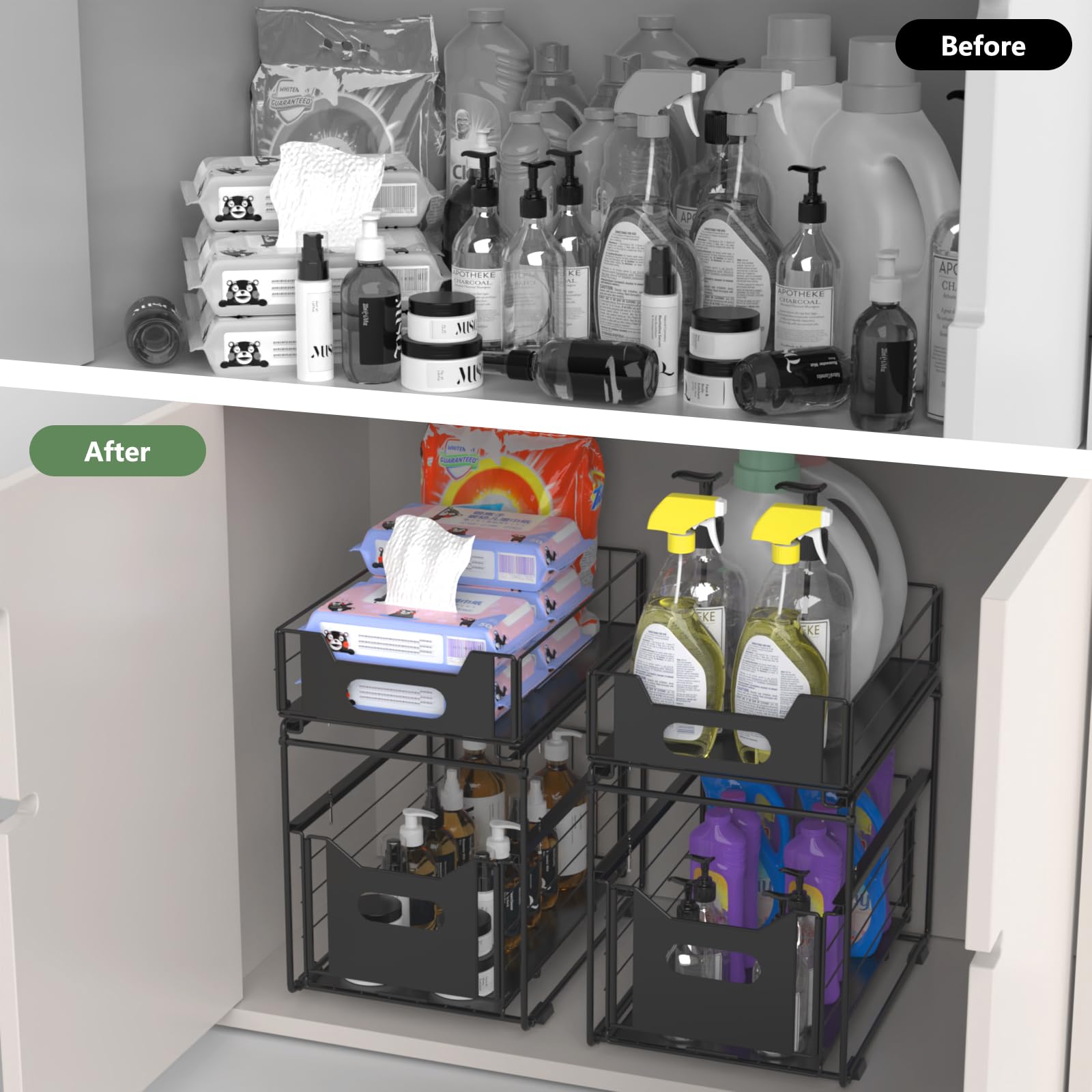 RM FOLD ART Under Sink Organizers and Storage, 2 Pack Metal Pull Out Cabinet Organizer, Sliding Bathroom Organizer Multi-use Under Sink Shelf Organizer for Home Storage, Black