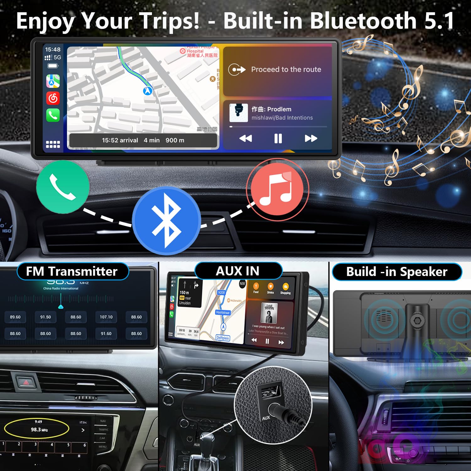Portable Car Stereo Wireless Apple Carplay Wireless Android Auto, 9.3INCH IPS Touchscreen Car Audio Receivers with Bluetooth, Wireless Portable Multimedia Player, FM/AUX/TF/USB/Dash Mount Car Stereo