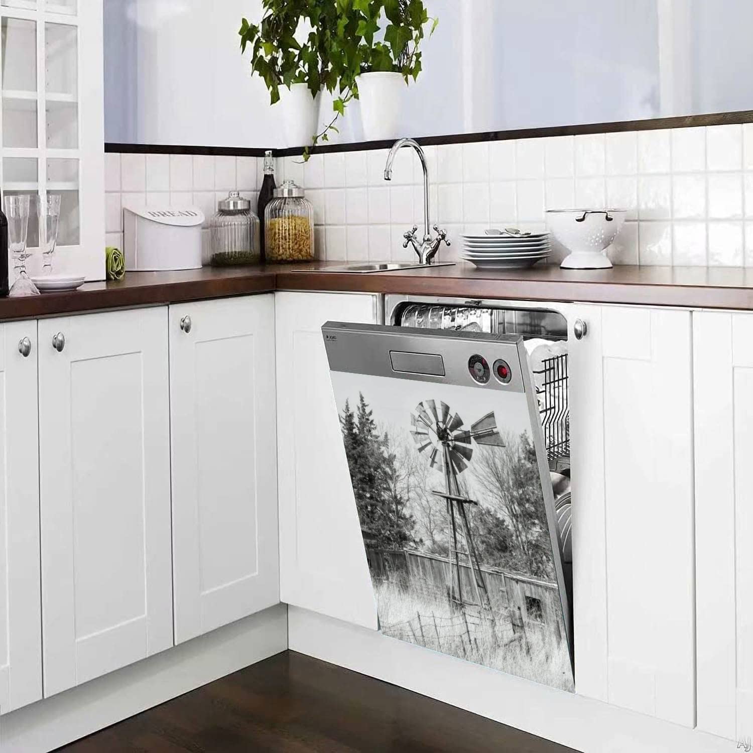 Rustic Farmhouse Dishwasher Magnet Cover Old Irrigation Pump Windmill Magnetic Refrigerator Stickers Decorative Appliance Cover Fridge Panels Metal Door Garage 23x26in