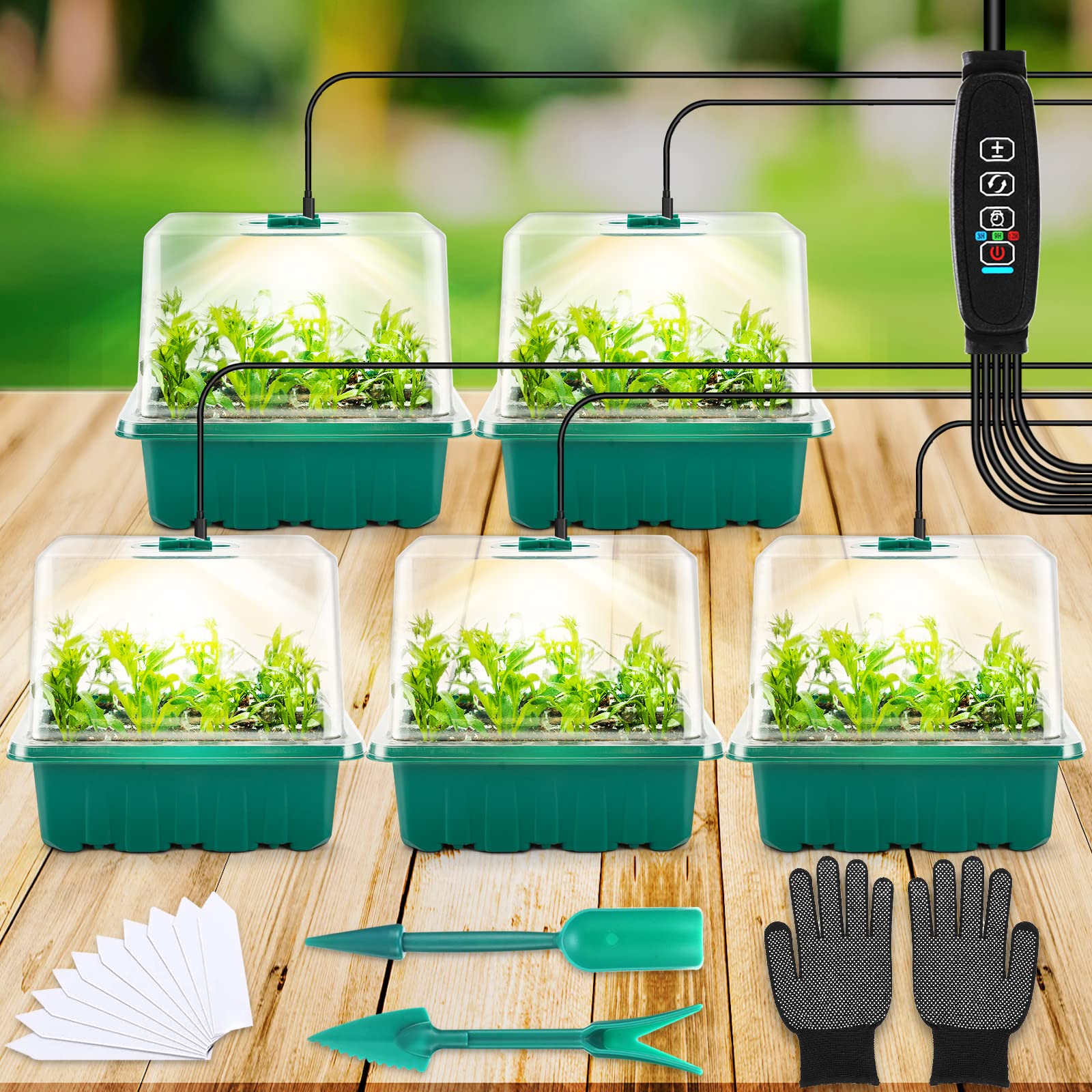 Seed Starter Tray with Grow Light, 5pcs Seed Starter Kit with Grow Light, Seeding Starter Trays with Humidity Domes, Plant Starter Trays Covers Height 3.9", Indoor Gardening Plant Germination Trays