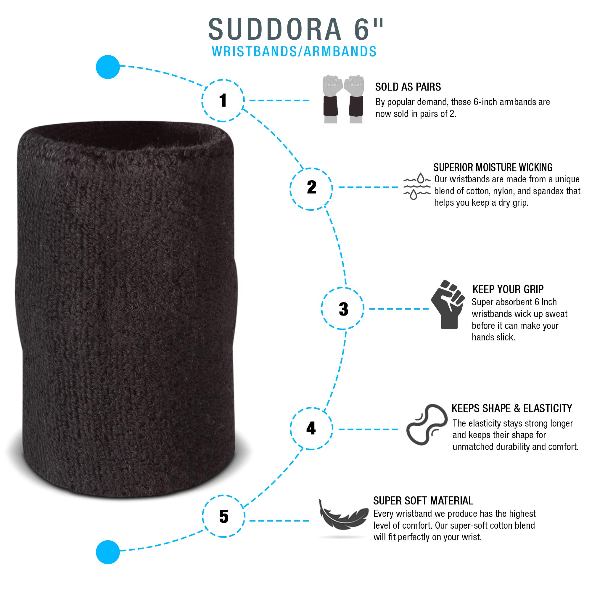 Suddora 6" Doublewide Wrist Bands/Armbands (Pair) - Thick Sweatbands for Basketball, Tennis, Baseball, Gym (Red)