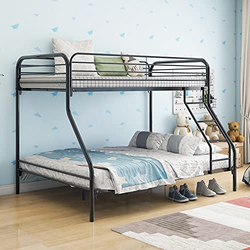Prohon Metal Bunk Bed Twin Over Full Size with Enhanced Upper-Level Guardrail,Removable Stairs, Heavy Duty Sturdy Frame Space-Saving Design Bunkbeds for Teen Adults, No Box Spring Needed, Black