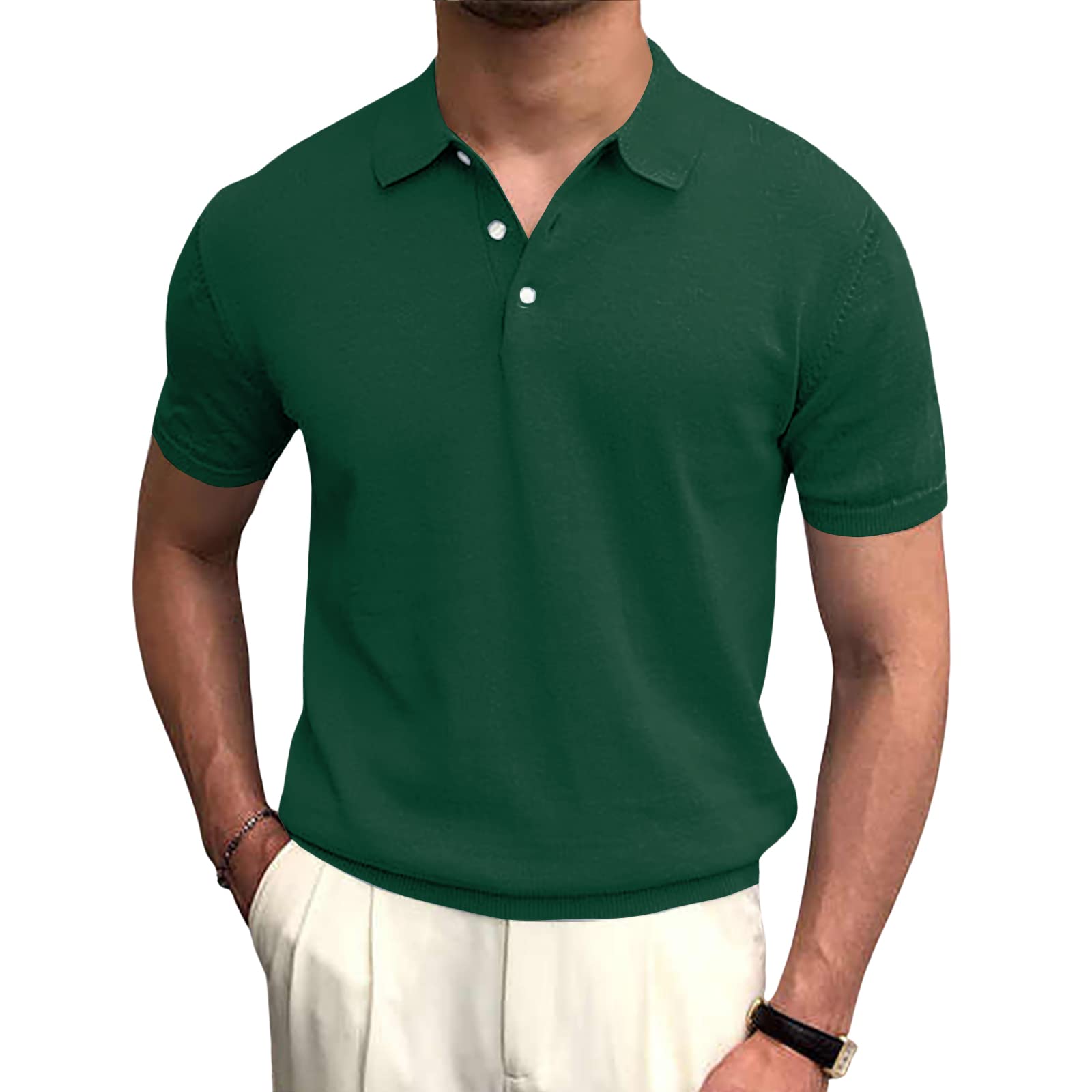 Syktkmx Mens Golf Polo Shirts Short Sleeve Casual Banded Bottom Stretch Classic Fit Solid Knit T-Shirts Olive Green