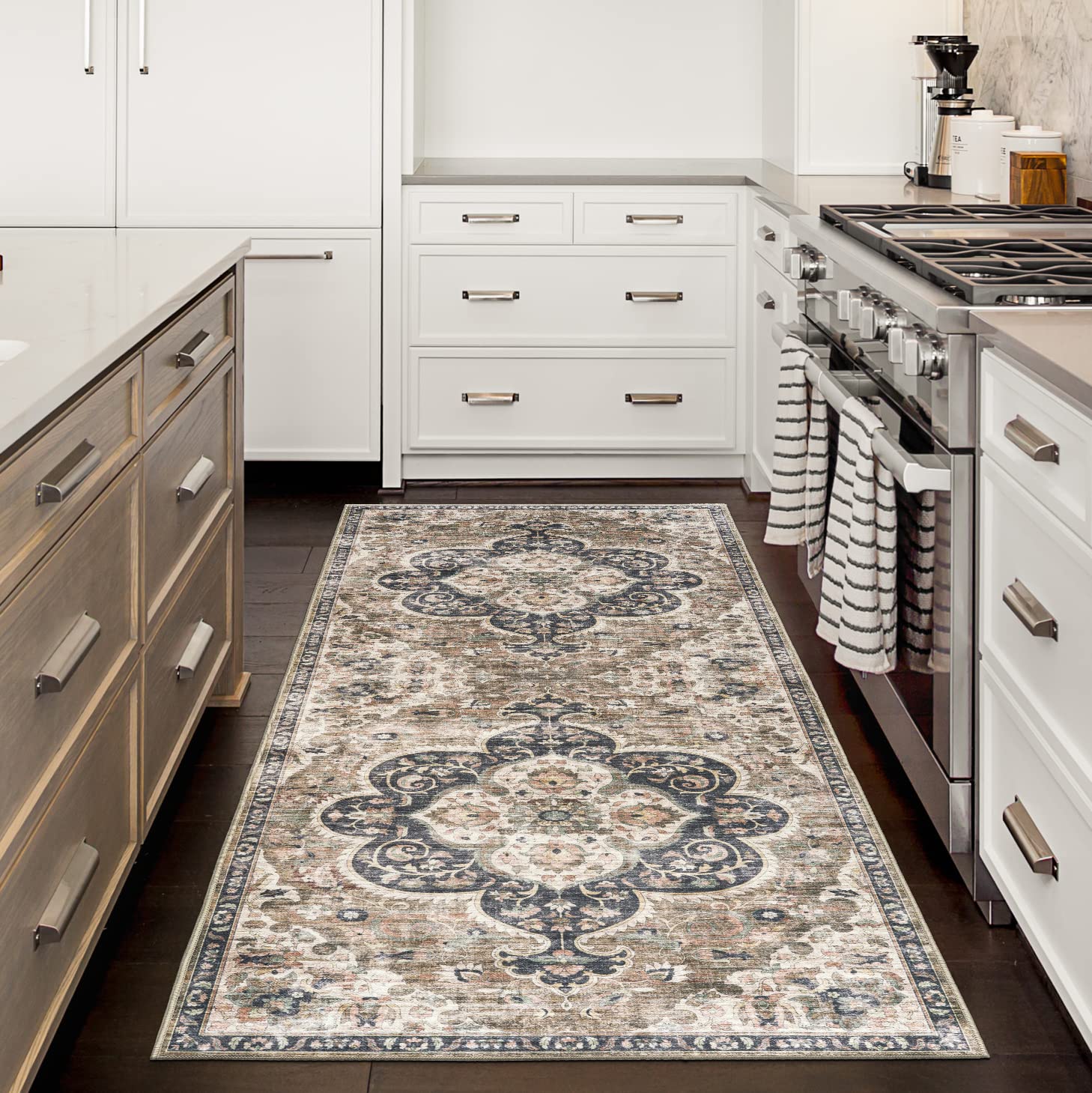 ReaLife Machine Washable Area Rug Runner - Living Room Bedroom Bathroom Kitchen Entryway Office - Non Slip Low Pile Stain Resistant Premium - Boho Farmhouse Vintage - Joy - Brown Beige 2'6" x 6'