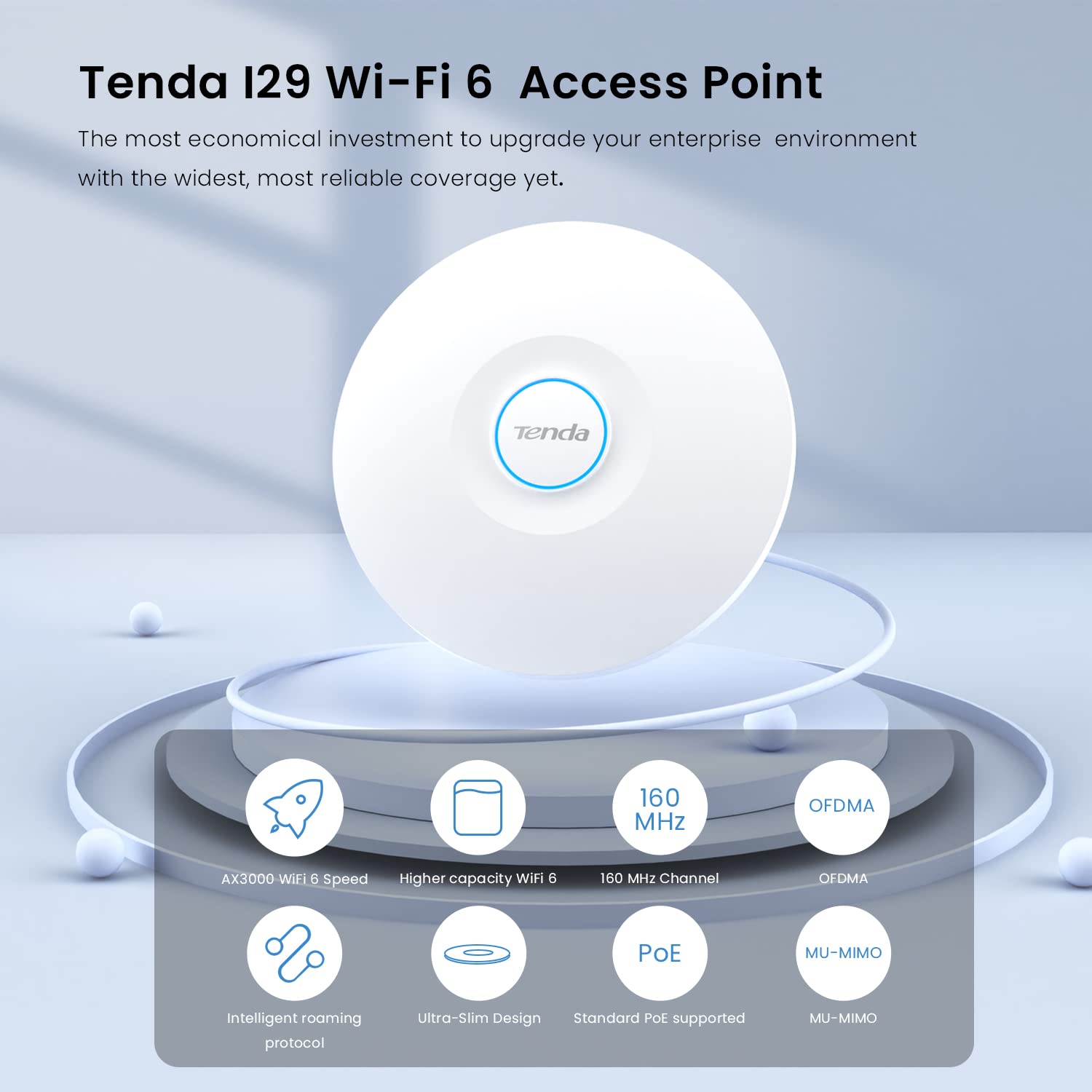 Tenda WiFi 6 AX3000 Dual Band Gigabit Long-Range Ceiling Mount Access Point(I29)|Coverage 5400 sq.ft|PoE+ Powered|Surport IEEE 802.11ax Wave 2, OFDMA, Seamless Roaming, MU-MIMO|White