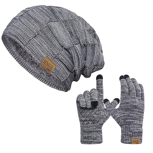 Senker Fashion Beanie Hat and Touchscreen Gloves Set (F-Grey, Large)