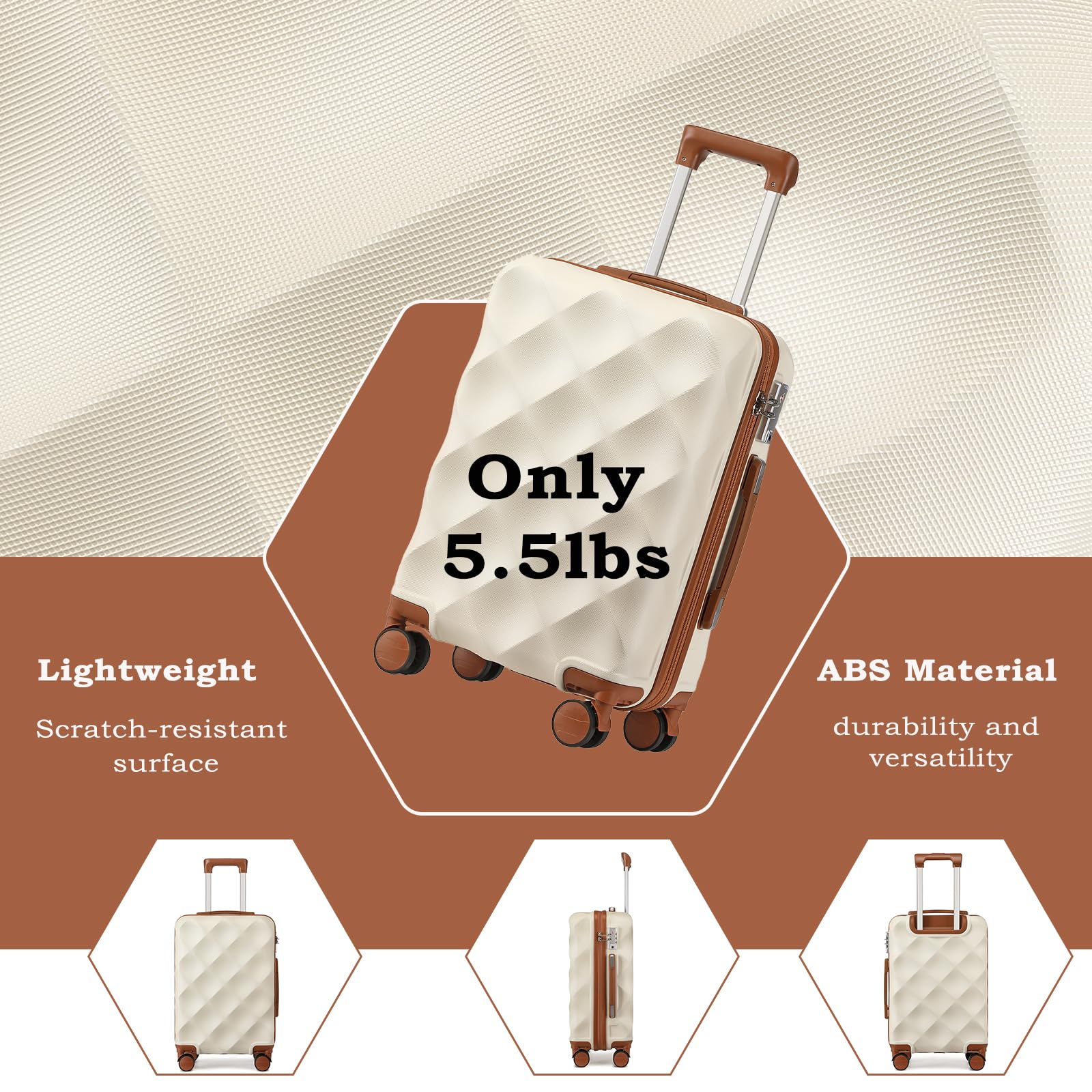 Somago 20 inch Carry On Luggage with Weekender Overnight Bag ABS Hardside Spinner Suitcase Built-In TSA Lock YKK Zipper,Beige