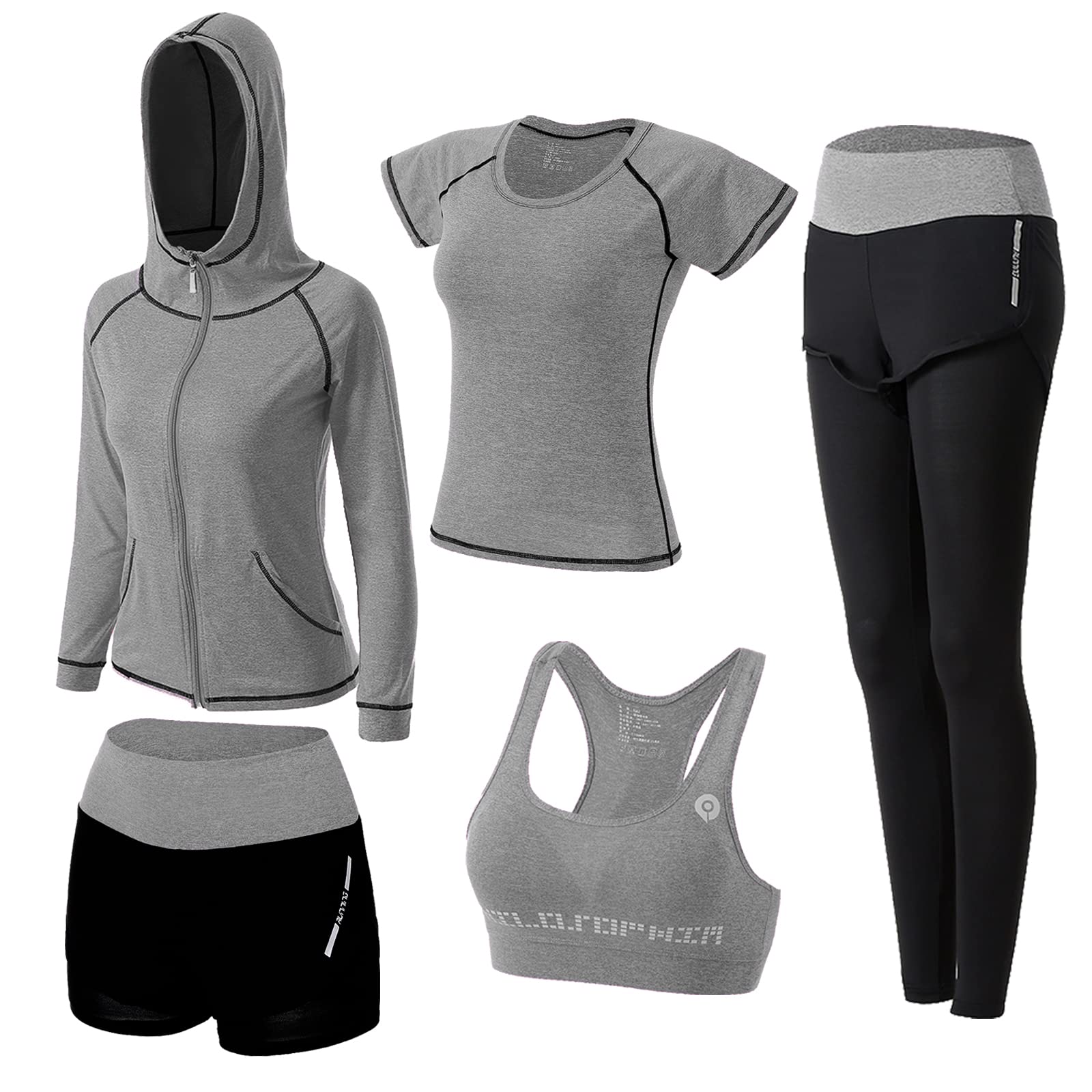 ZETIY Women's 5pcs Sport Suits Fitness Yoga Running Athletic Tracksuits (XL, Light Grey)