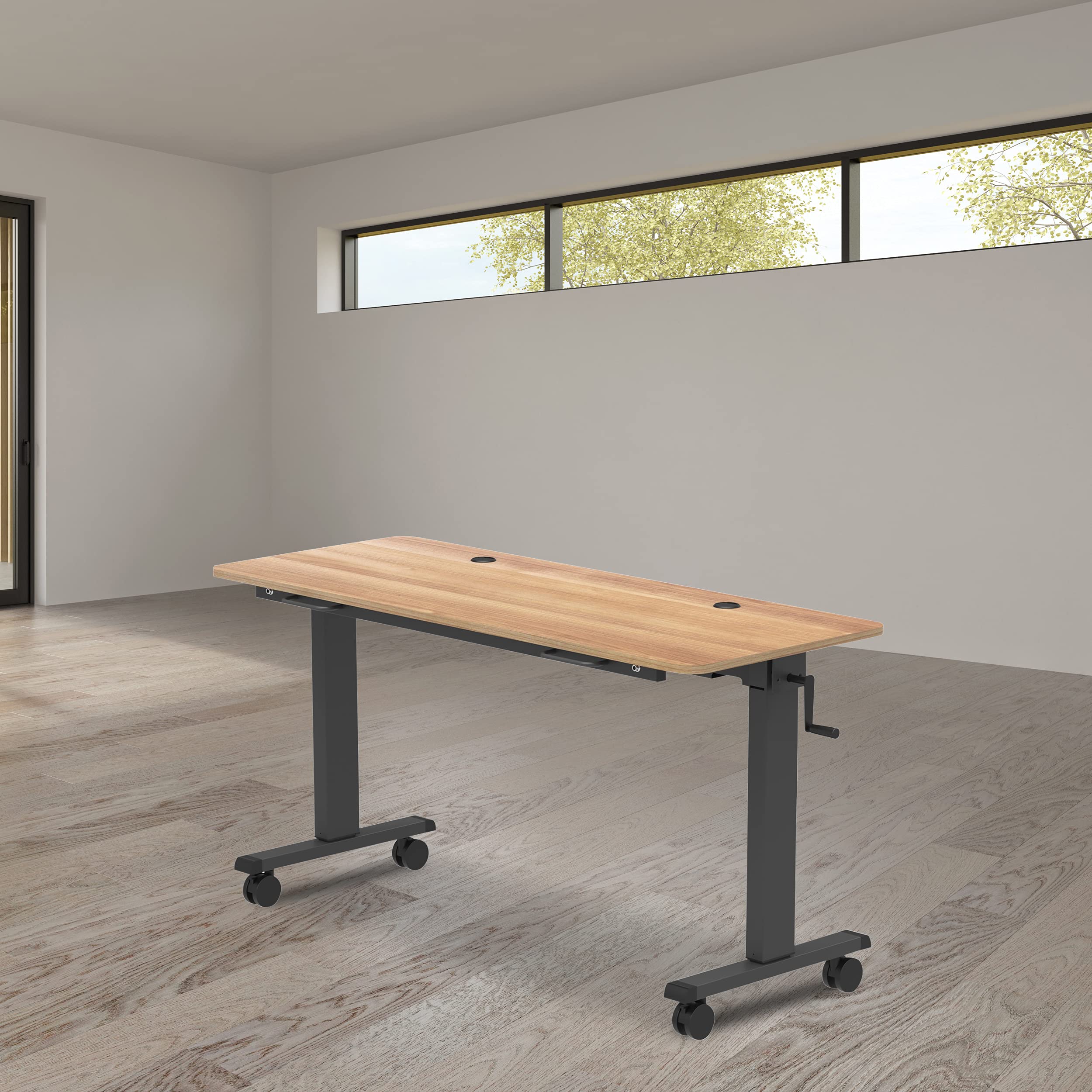 Stand Up Desk Store Crank Adjustable Height Flip Top Rolling Conference Classroom Table (Black Frame/Natural Walnut Top, 60" Wide)