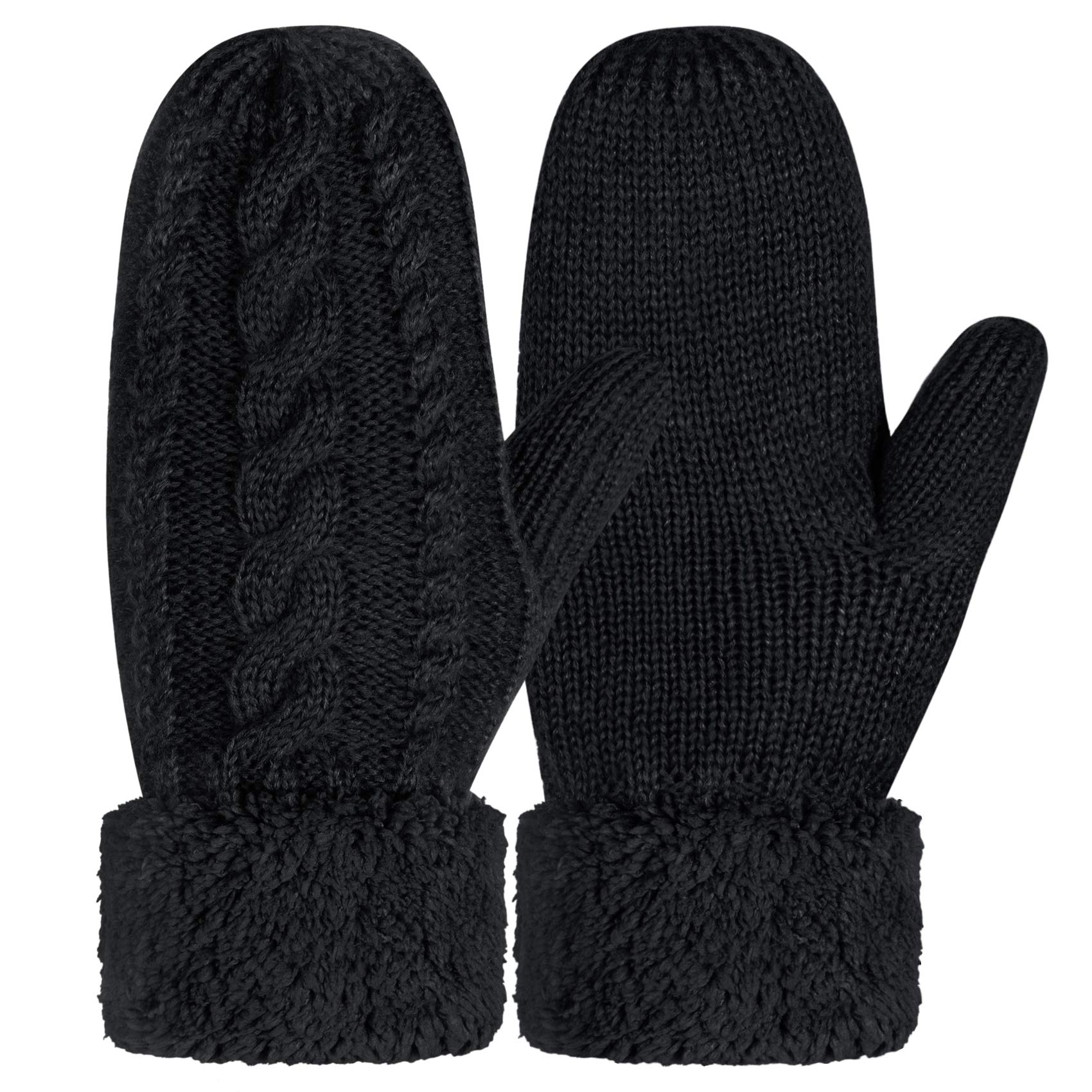 YSense Women's Winter Mittens Warm Wool Knit Thick Christmas Gifts Stocking Stuffers Wear Gloves, Black, Large