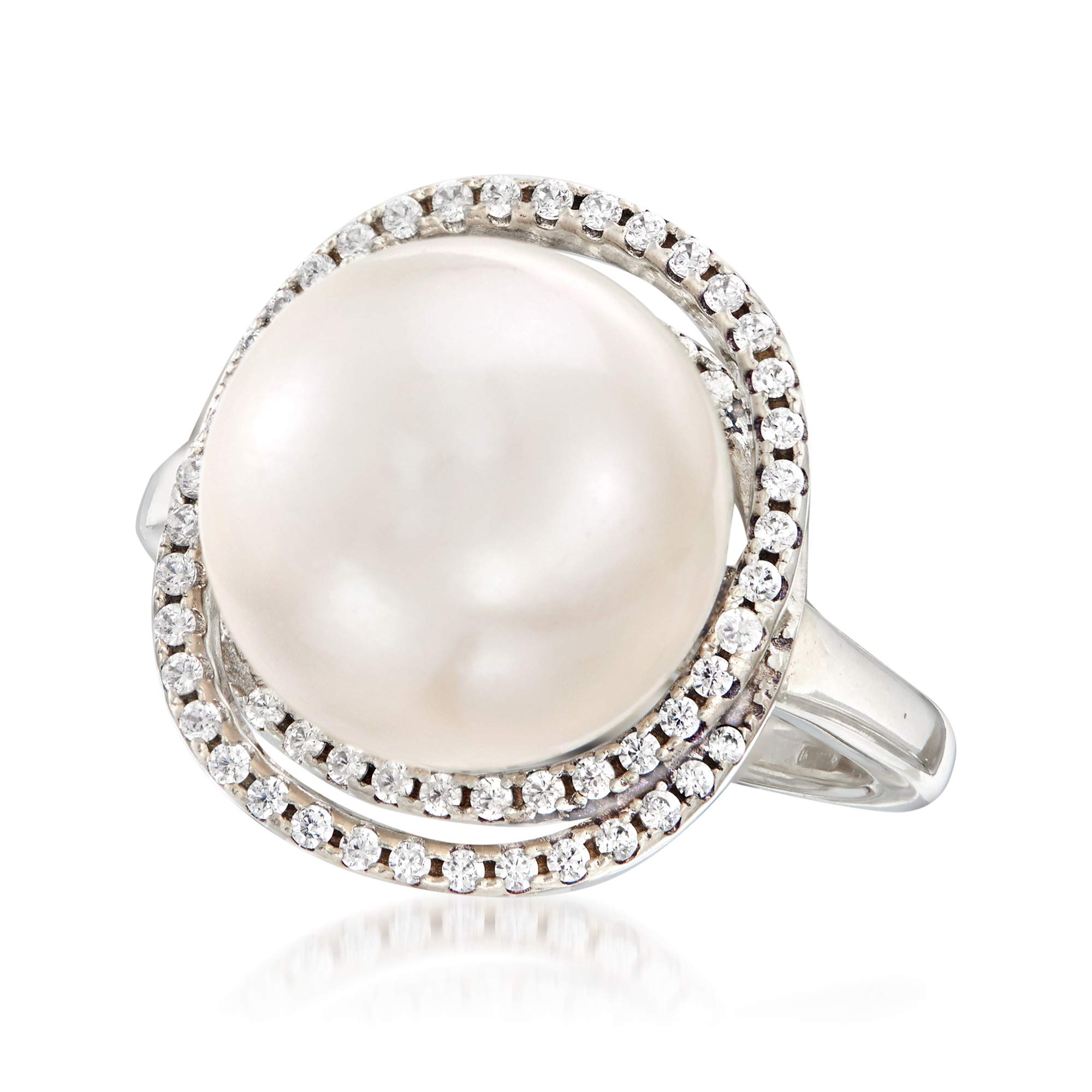 Ross-Simons Italian 12mm Cultured Pearl and .78 ct. t.w. CZ Ring in Sterling Silver. Size 6