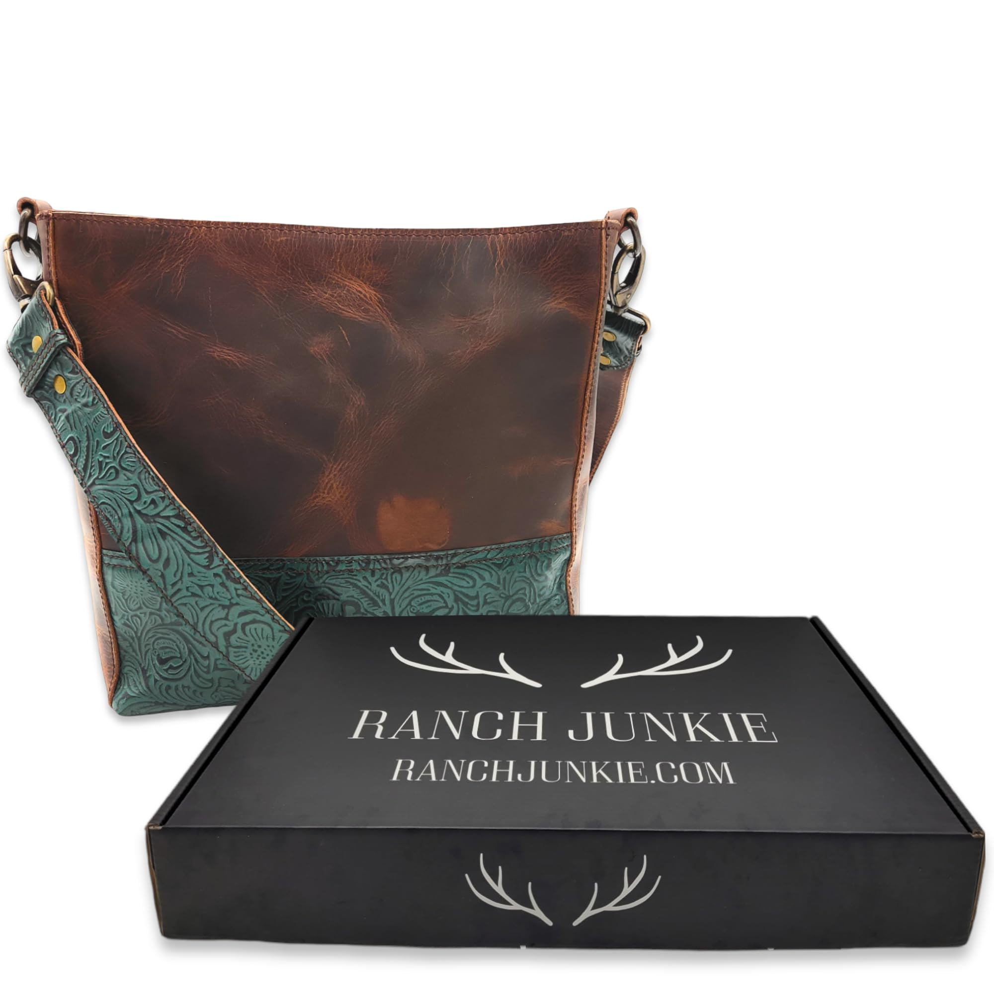 Ranch Junkie Handcrafted Rancho Leather Tooled Belt Strap Purse With Interchangeable Leather Strap (Tooled Turquoise And Vintage Brown)