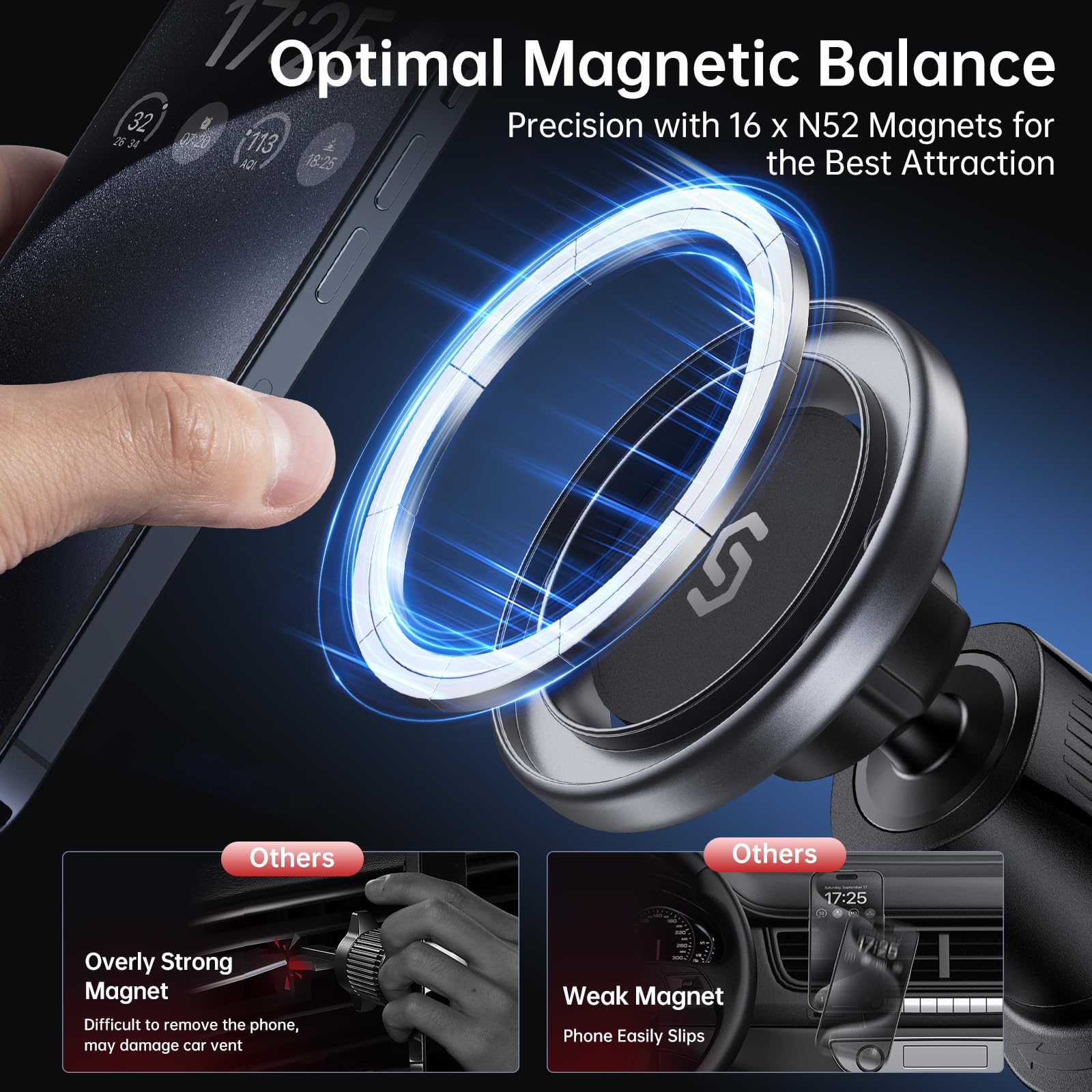 SYNCWIRE for MagSafe Car Mount, Flexible Rotation Magnetic Phone Holder for Car Air Vent,Hands Free Car Cell Phone Holder Mount Compatible iPhone 15 Pro Max 14 13 12,Samsung,MagSafe Car Accessories