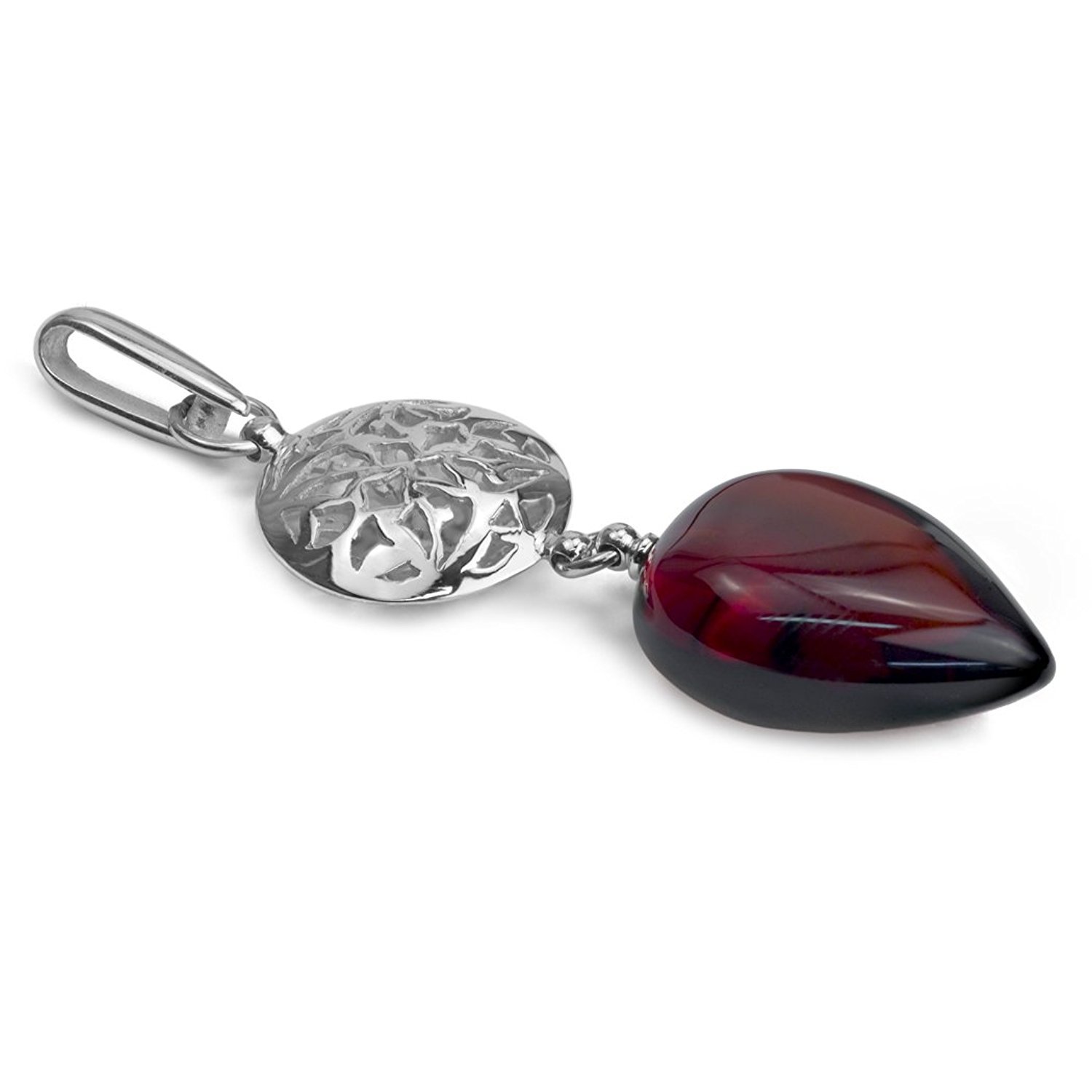Sterling Silver Red Dark Amber Tear Drop Pendant