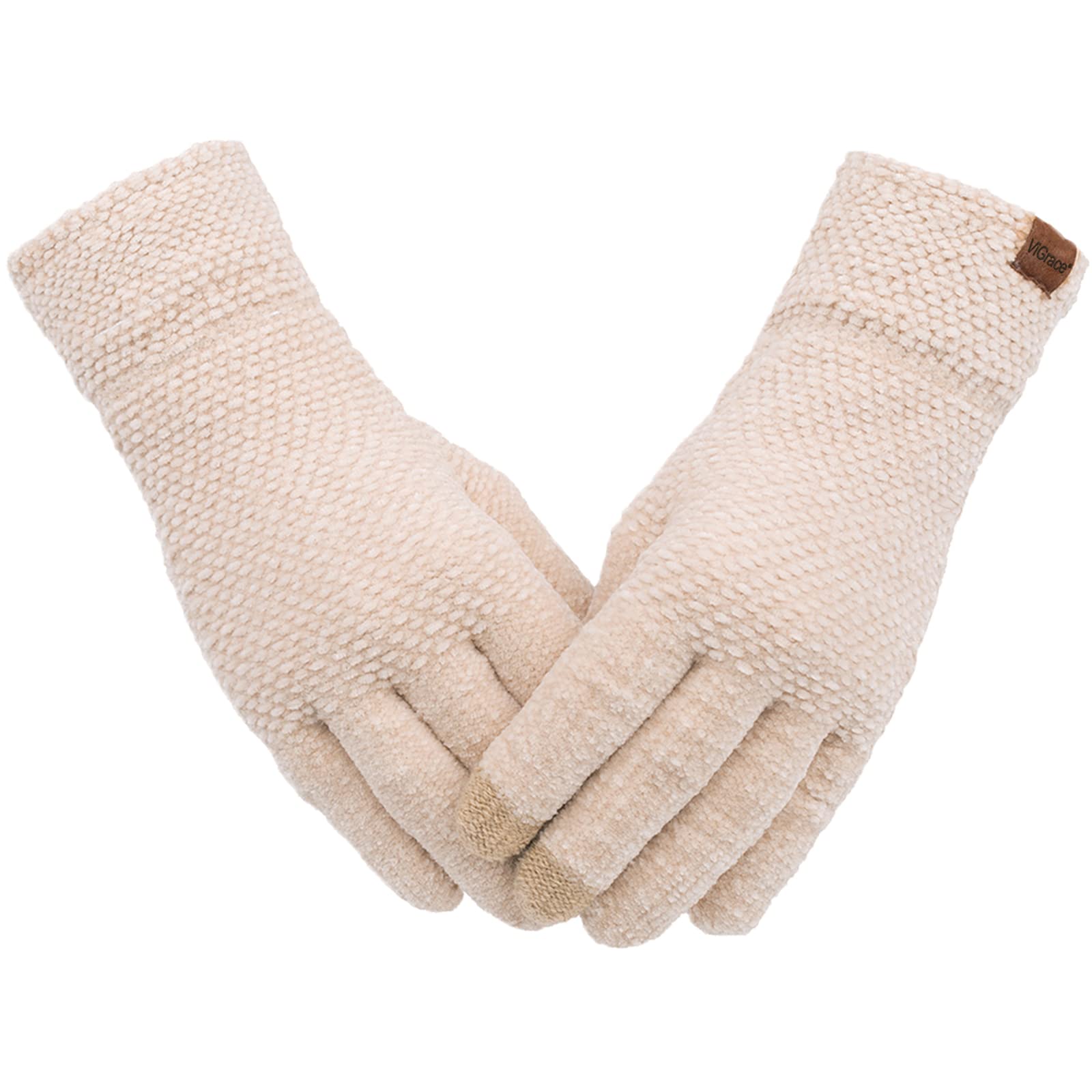 ViGrace Winter Touchscreen Gloves for Women Chenille Warm Cable Knit 3 Touch screen Fingers Texting Driving Elastic Cuff Thermal Glove (Gray,Large)