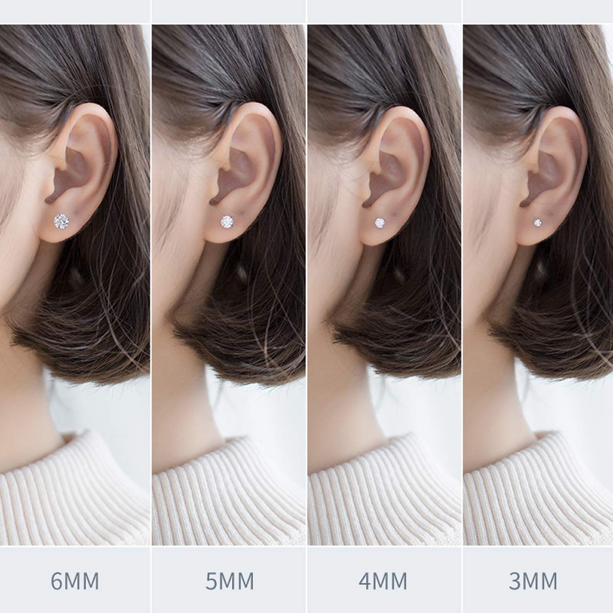 Sterling Silver Cubic Zirconia Stud Earrings Set for Womens Mens, 4 Pair Small Studs for Cartilage Tragus Multi Piercing Ears 3mm/ 4mm/ 5mm/ 6mm