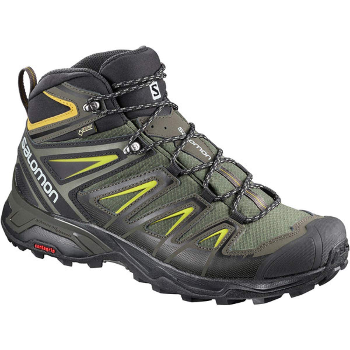Salomon X Ultra 3 MID Gore-TEX Hiking Boots for Men, Castor Gray/Black/Green Sulphur, 11