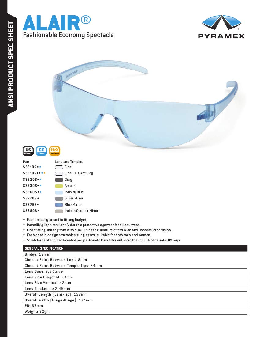 Pyramex Alair Safety Eyewear Blue Mirror Lens Blue Mirror Frame ANSI Z87+