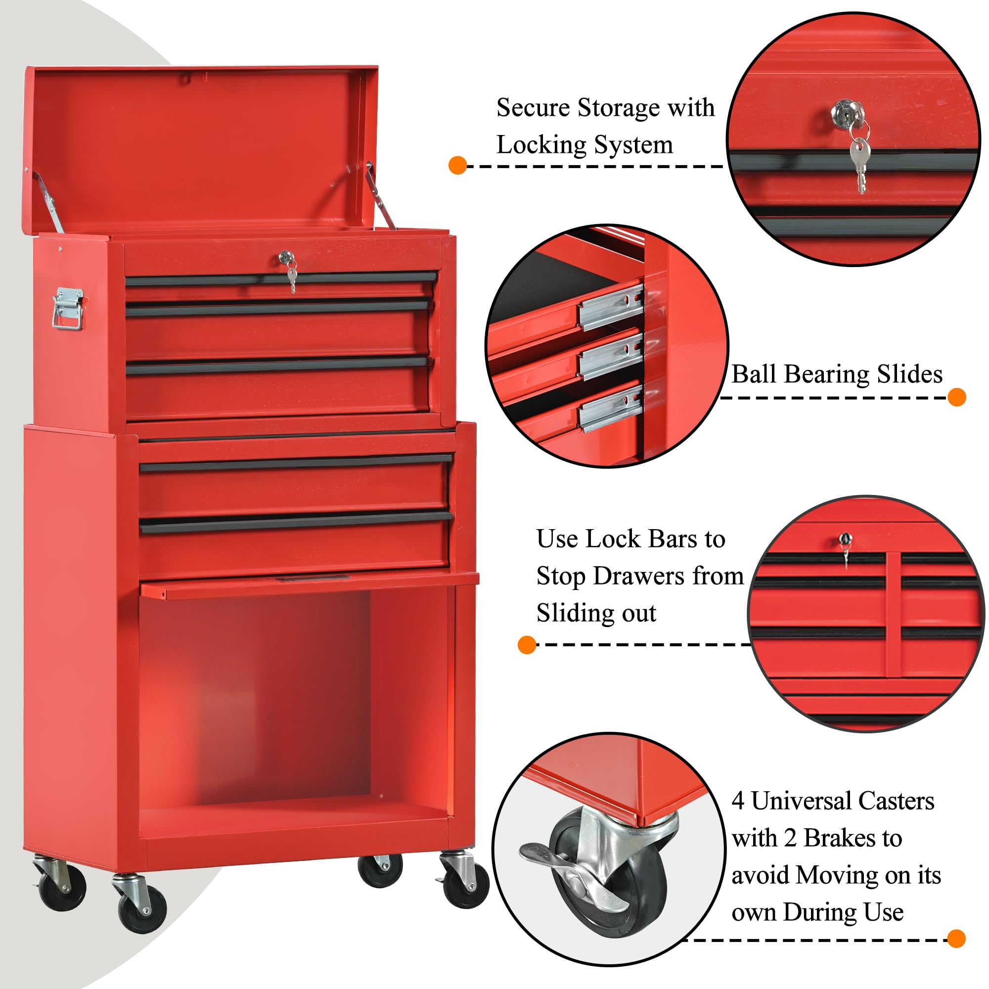 TOPKEY Rolling Tool Chest Cabinet High Capacity Tool Cart Tool Box with Wheels & Locking System, 5-Drawers Toolbox Organizer Detachable Tool Storage Cabinet for Garage, Repair Shop, Workshop
