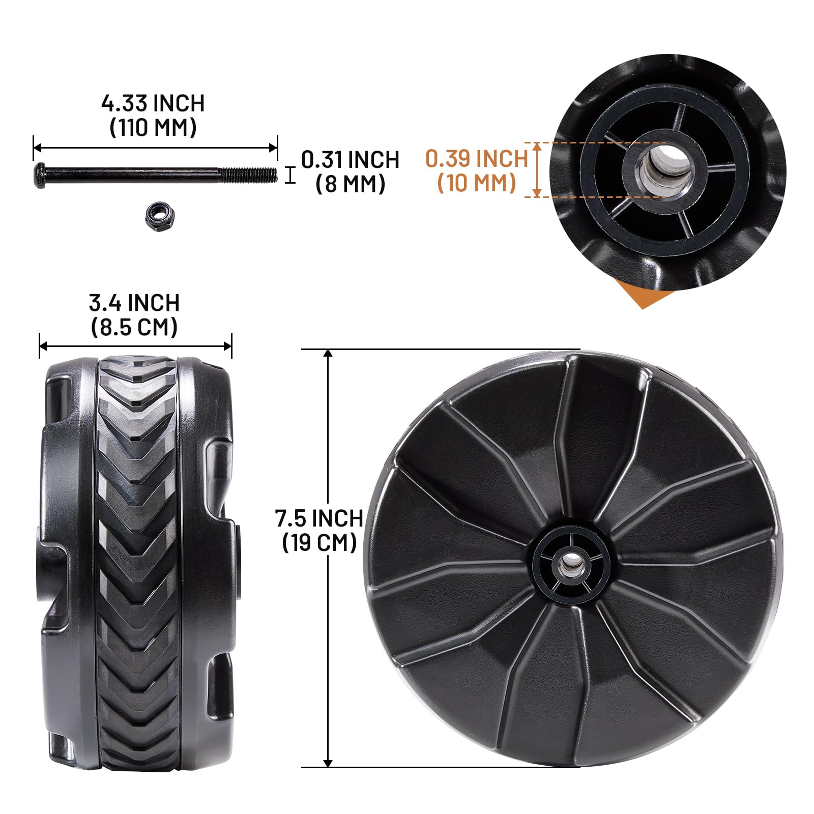 TIMBER RIDGE Replacement Wheel, Plastic Wheels with TPR Tread for Utility Wagon Cart, 7.5" Diameter X 3.4" Wide