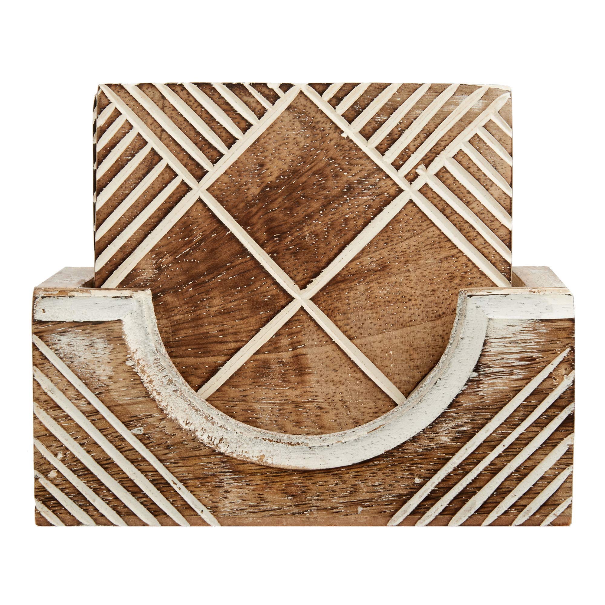 White Shabby Chic Drink Coasters Set of 4 | Wooden Coaster Set with Rustic White Tinge Lines | Tabletop Protection, Protect Countertop and Surfaces from Water Marks or Damage | Home & Office
