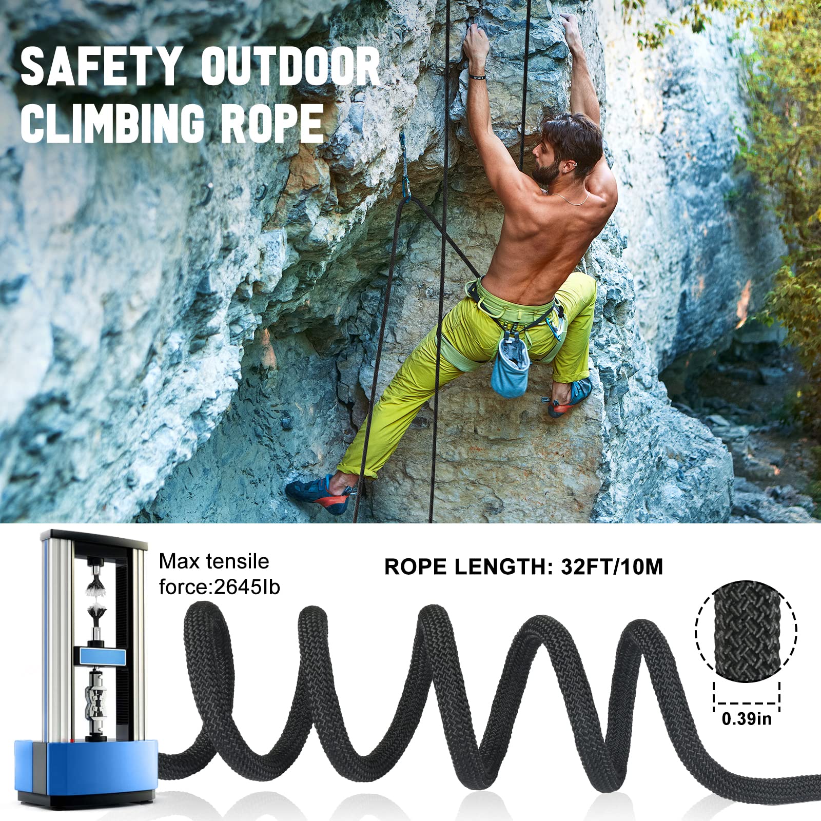 RENRANRING Outdoor Climbing Rope 10M(32ft) Static Rock Climbing Rope, Escape Rope Ice Climbing Equipment Fire Rescue Parachute Rope