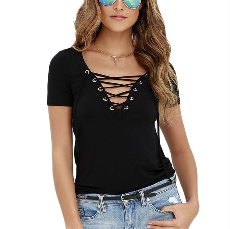 Andongnywell Women's Sexy Off Shoulder Short Sleeve Lace Up Casual Tunic Solid Color Blouse Tops Shirts (Black,4X-Large,)