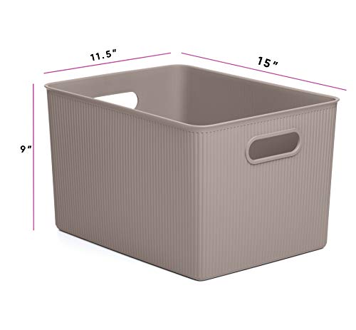 Superio Ribbed Collection - Decorative Plastic Lidded Home Storage Bins Organizer Baskets, X-Large Taupe (1 Pack - 22 Liter) Stackable Container Box, for Organizing Closet Shelves Drawer Shelf