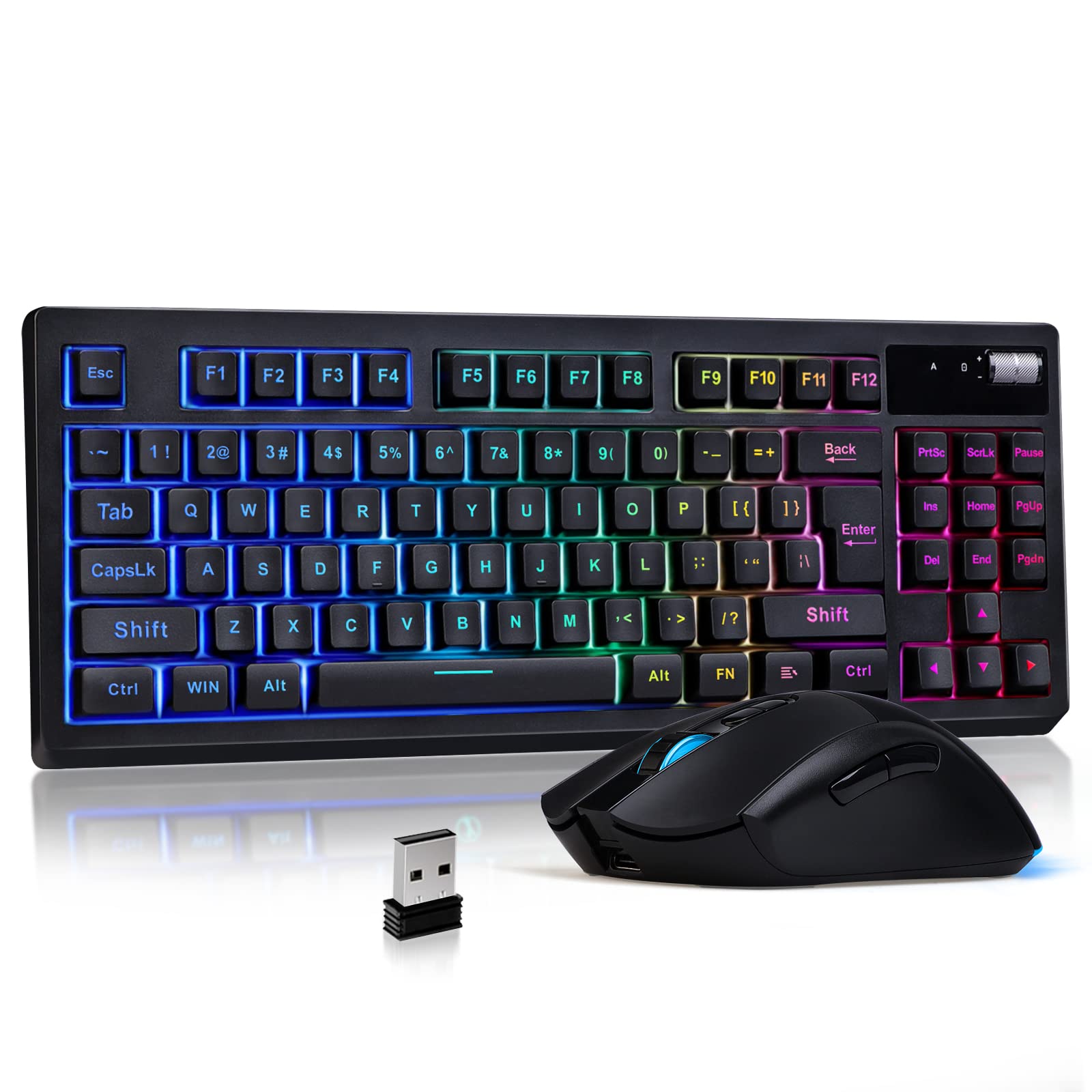 ZJFKSDYX Wireless Gaming Keyboard and Mouse Combo - Ergonomic Keyboard with Rainbow Backlight, Mechanical Feel, USB-C Charger, Long Battery Life - Compact for PC, Laptop, Desktop