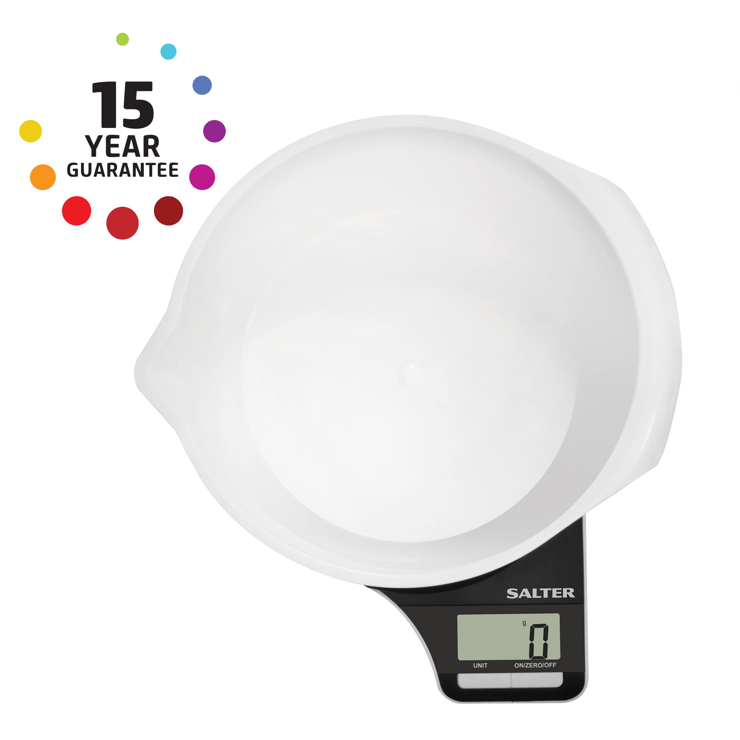 Salter 1089 BKWHDR Measuring Jug Electronic Kitchen Scale, Food/Baking Scale, Dishwasher Safe 1.25L Bowl, Easy Pour, Add & Weigh, Measures Liquids/Fluids, 5 Kg Capacity, Metric/Imperial, White/Black