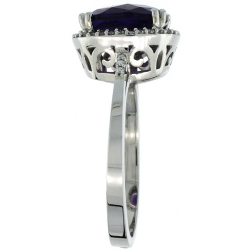 Sterling Silver Diamond Natural Amethyst Ring Cushion-cut 9x9mm, 1/2 inch wide, size 5