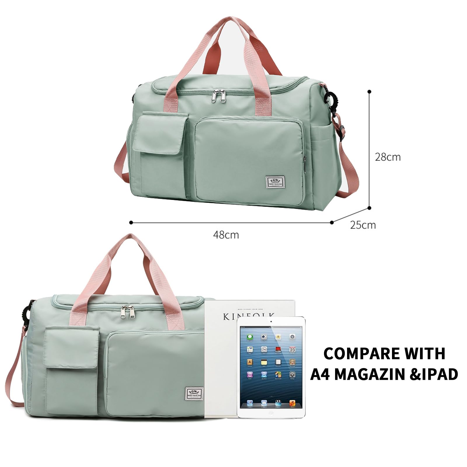 Travel Duffel Tote Bag with Dry Wet Separation Pocket, Weekender Bag for Women and Men,Waterproof Bag with Shoe Compartment Lightweight and Easy Carry on Green