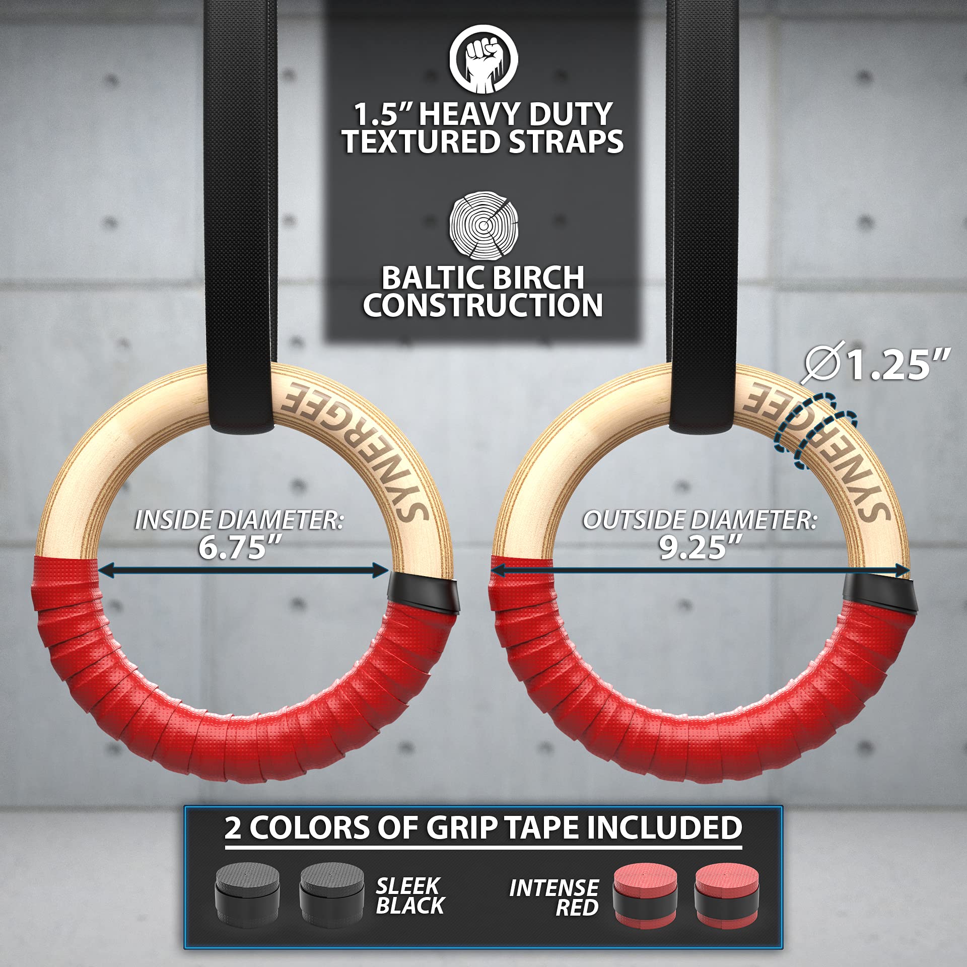 Synergee Wood Olympic Gymnastics Rings 1.25" Grip with Adjustable Straps for Pull Ups Dips and Muscle Ups. Red and Black Grip Tape Included.