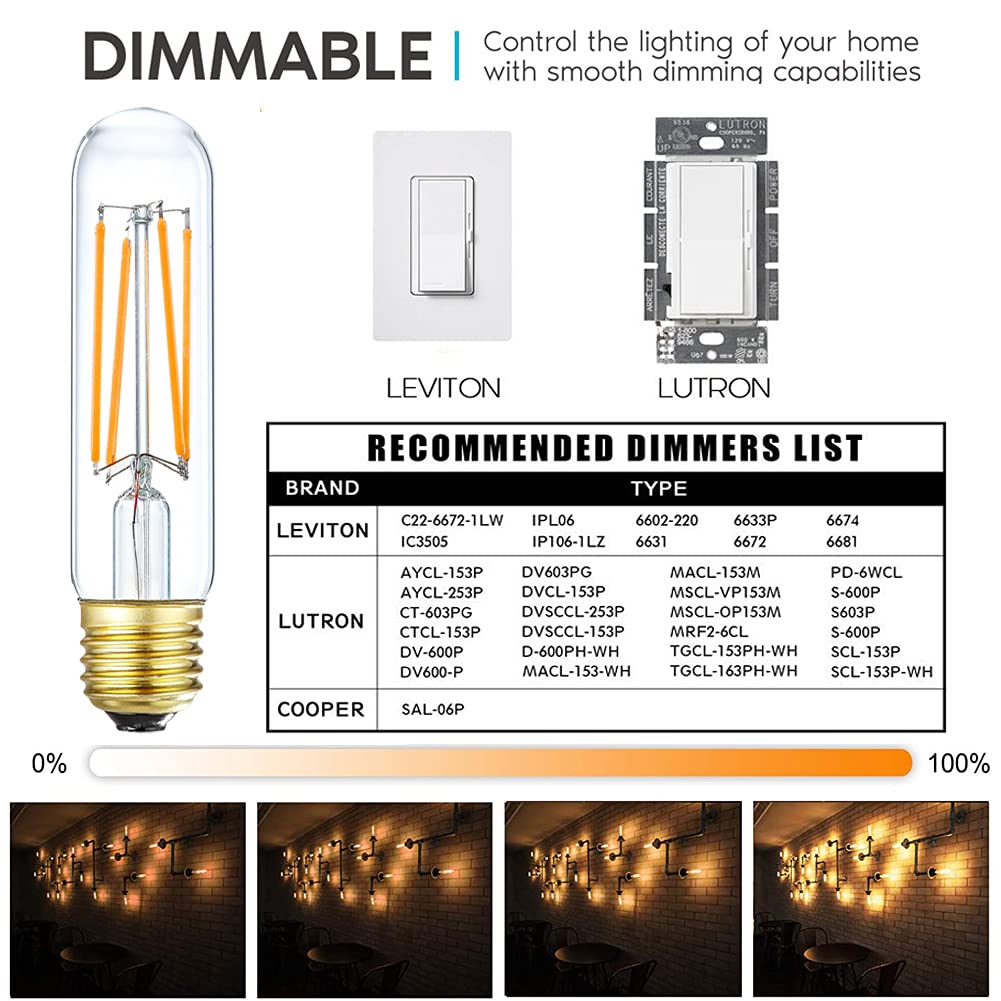 T10 LED Light Bulbs,Warm White 2700K,Tubular Vintage LED Edison Bulbs 100 Watt Equivalent,Dimmable,AC120V,1000LM,E26 Tube Antique LED Filament Bulbs for Rustic Pendant,6Pack.