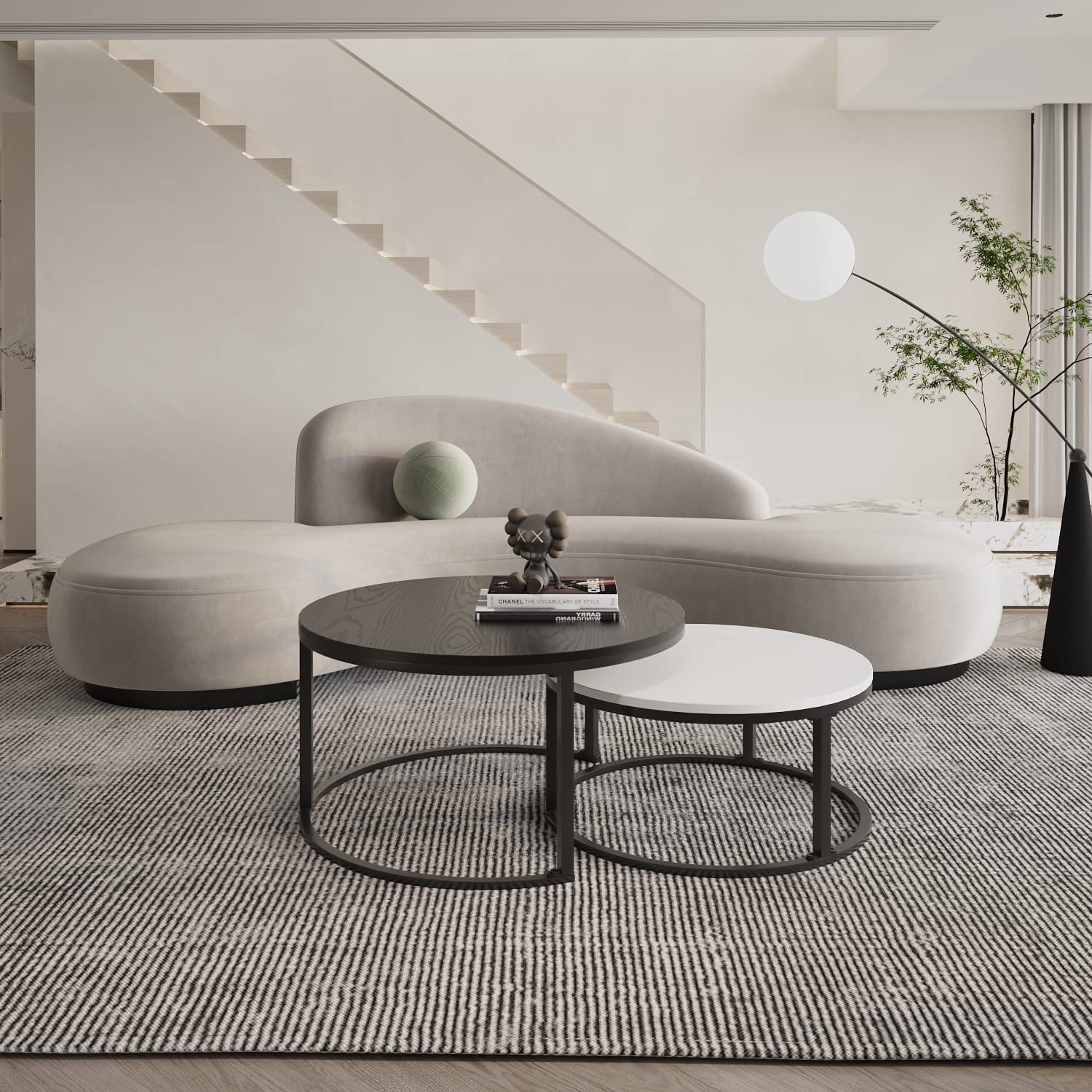 Usinso Round Coffee Tables,2 Round Nesting Table Set Circle Coffee Table with Storage Open Shelf for Living Room Modern Minimalist Style Furniture Side End Table of Stable(Black & White)