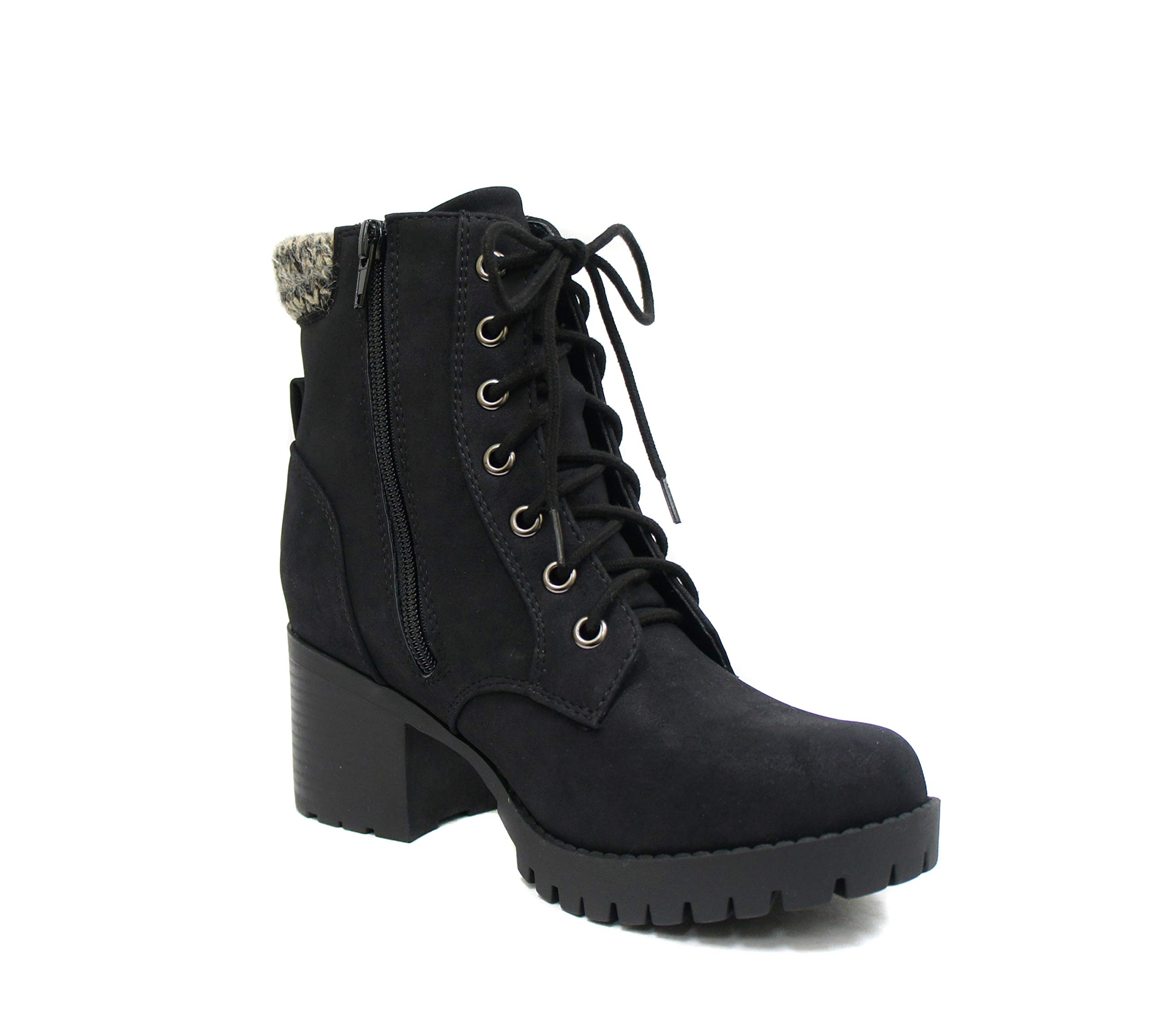 Soda Single Lug Sole Chunky Heel Combat Ankle Boot Lace up w/Side Zipper (7.5, Black (Nubuck))