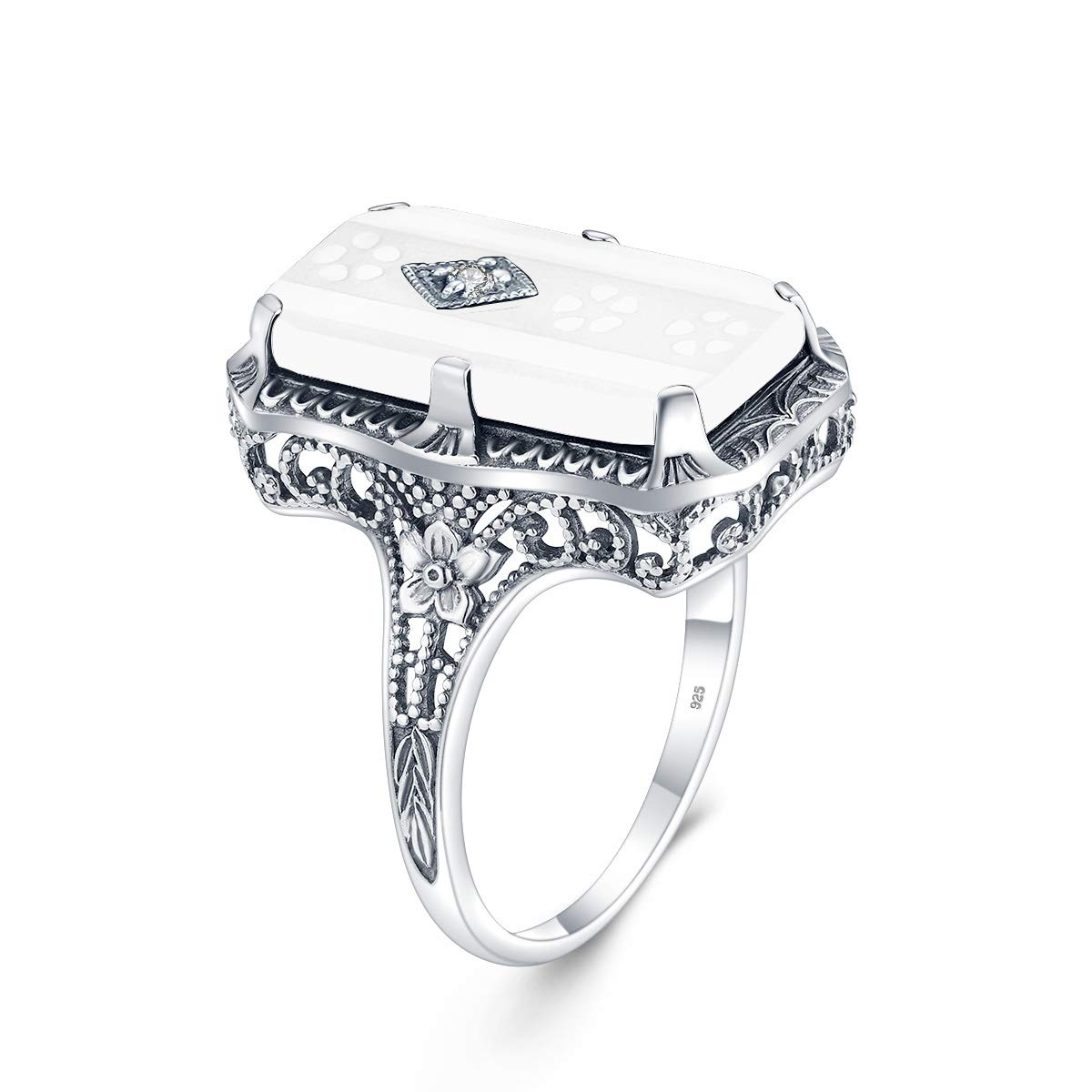 SZINAO White Glass Ring Engagement wedding ring Solid Sterling Silver/Frosted Carved Camphor Glass Edwardian Floral Filigree Ring,With A Box (SIZE 5#-10#) (White, 6)
