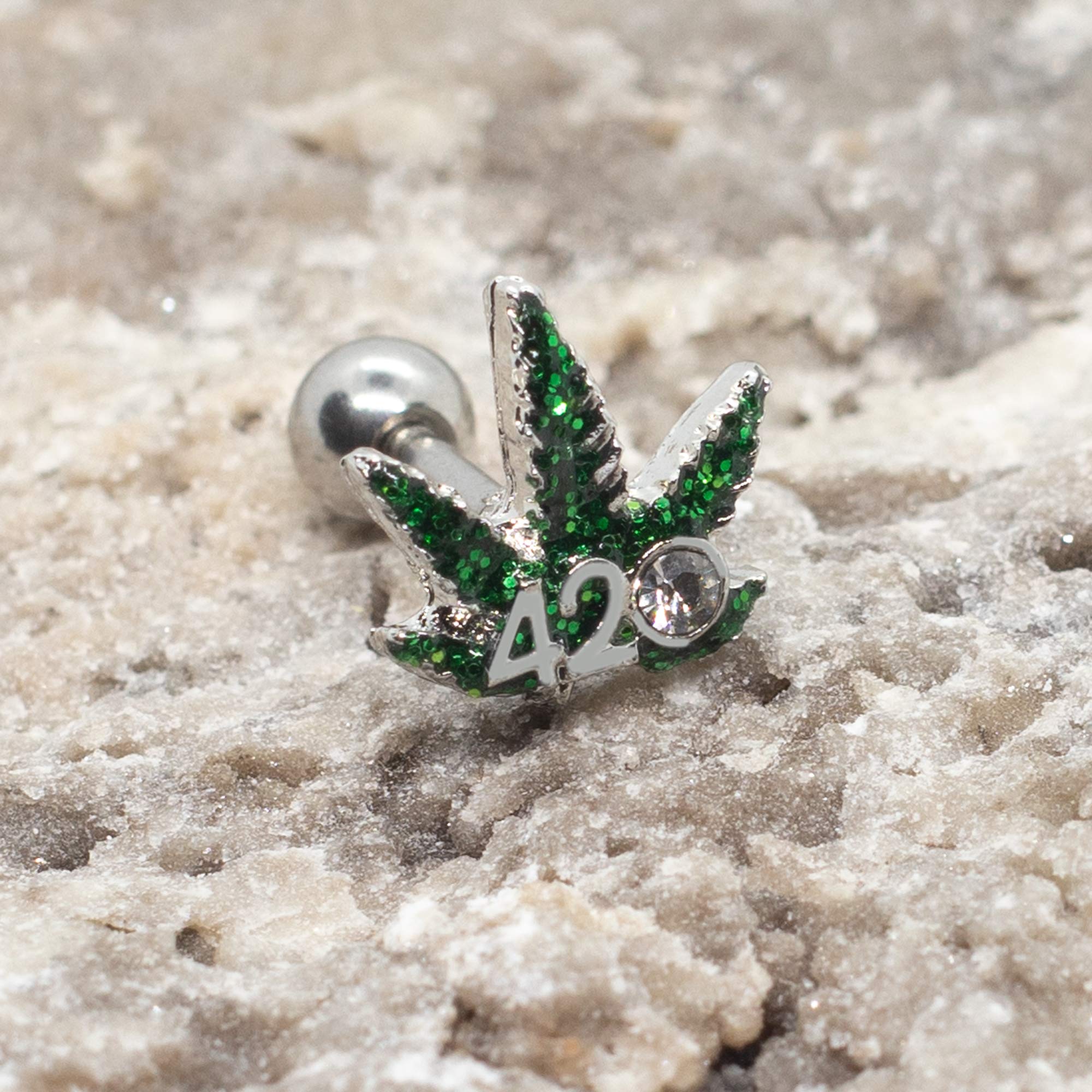 Pierce2GO 16G Stainless Steel 4/20 Marijuana Weed Leaf Green Silver Cartilage Ring (Pot Leaf)