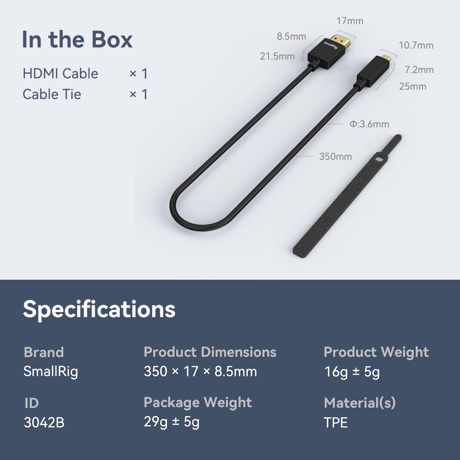 SMALLRIG Micro Ultra Thin HDMI Cable 35cm/1.15Ft (D to A), Super Flexible Slim High Speed 4K 60Hz HDR 2.0, Fit for Sony A7RIII / A6600 / A6500, for FUJIFILM X-T3 / X-T4, for GoPro Hero 7/6/5-3042B